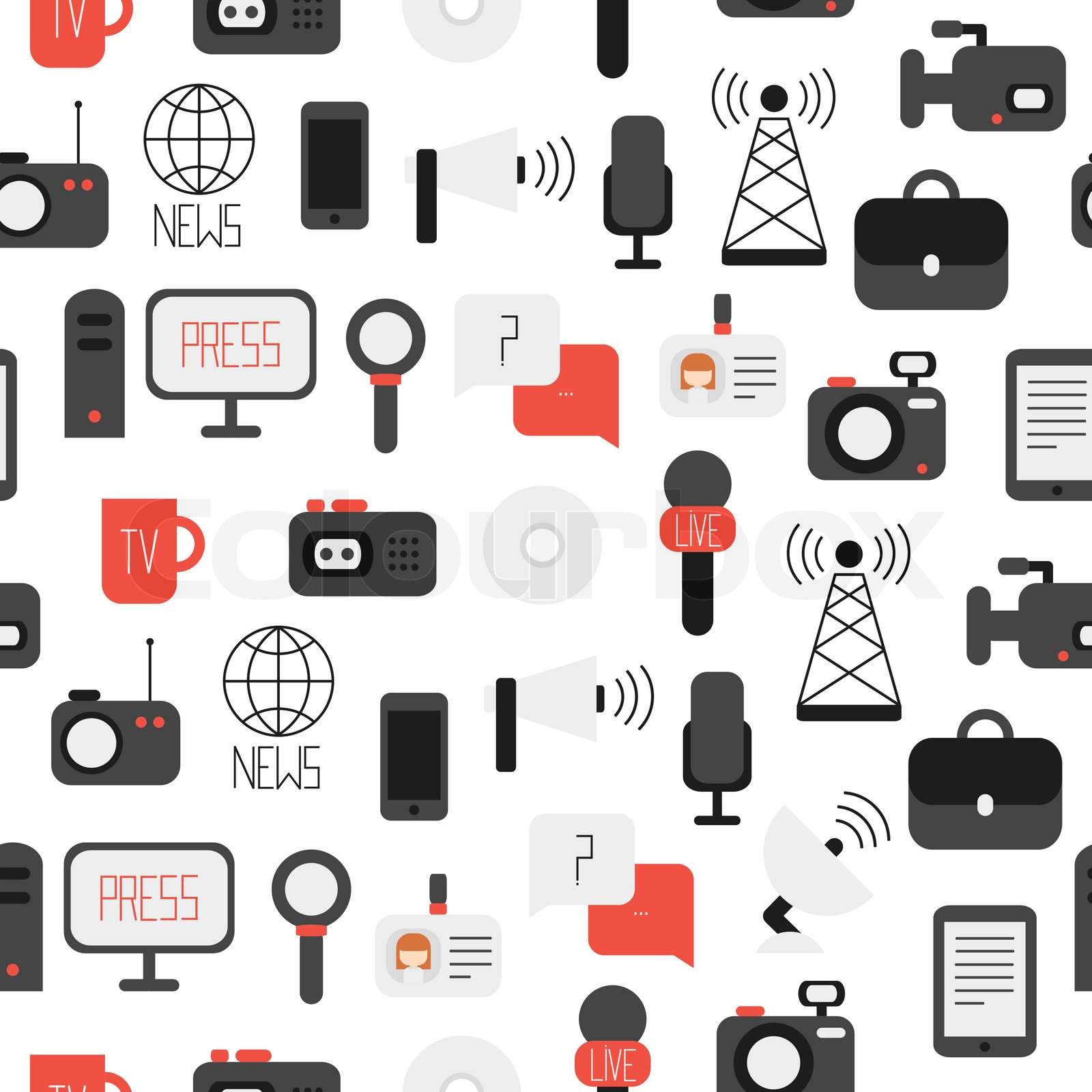 Seamless pattern of of flat colorful vector journalism icons. Mass ...
