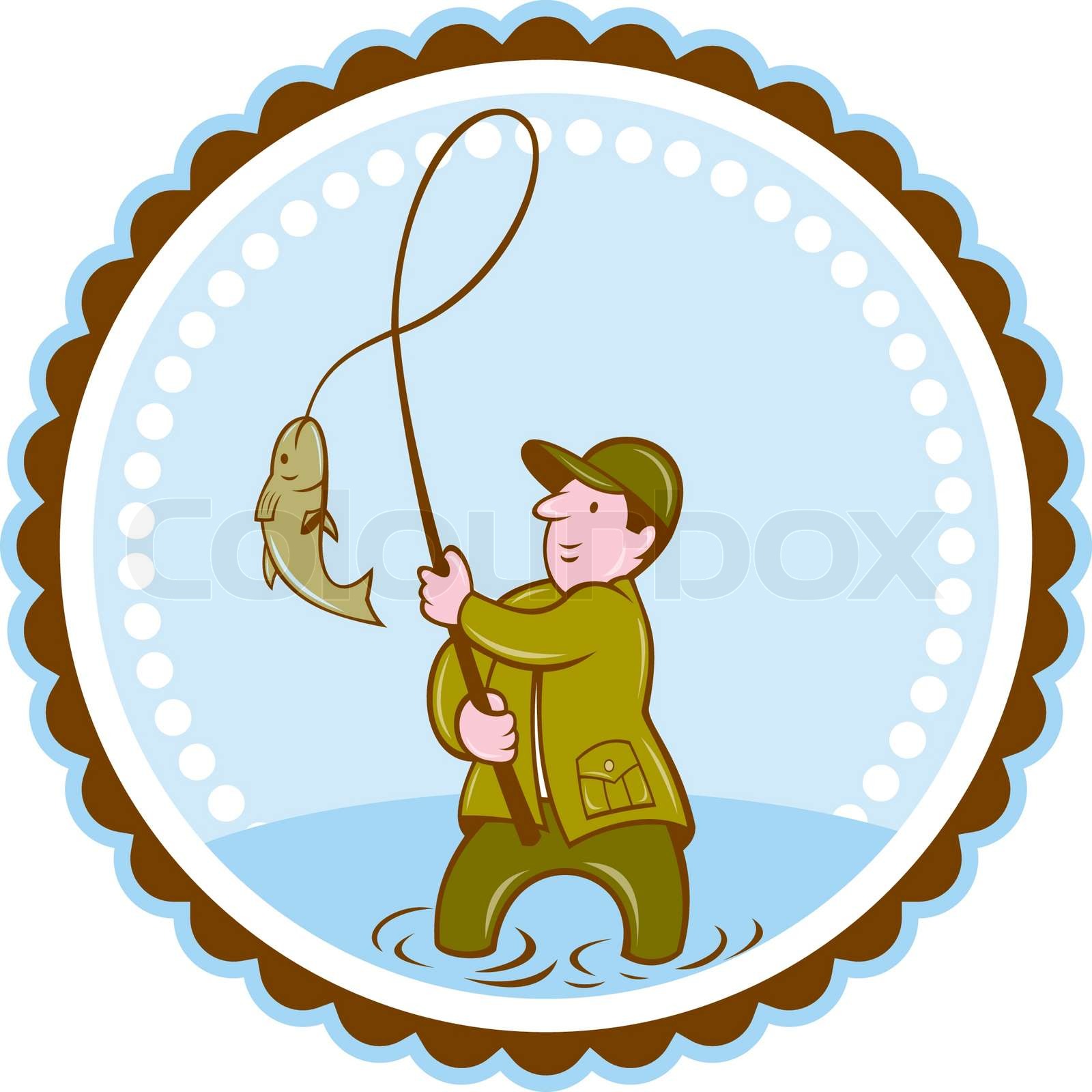 Fliegen Sie mit Fischer Fisch Rollen Rosette Cartoon | Stock-Vektor ...