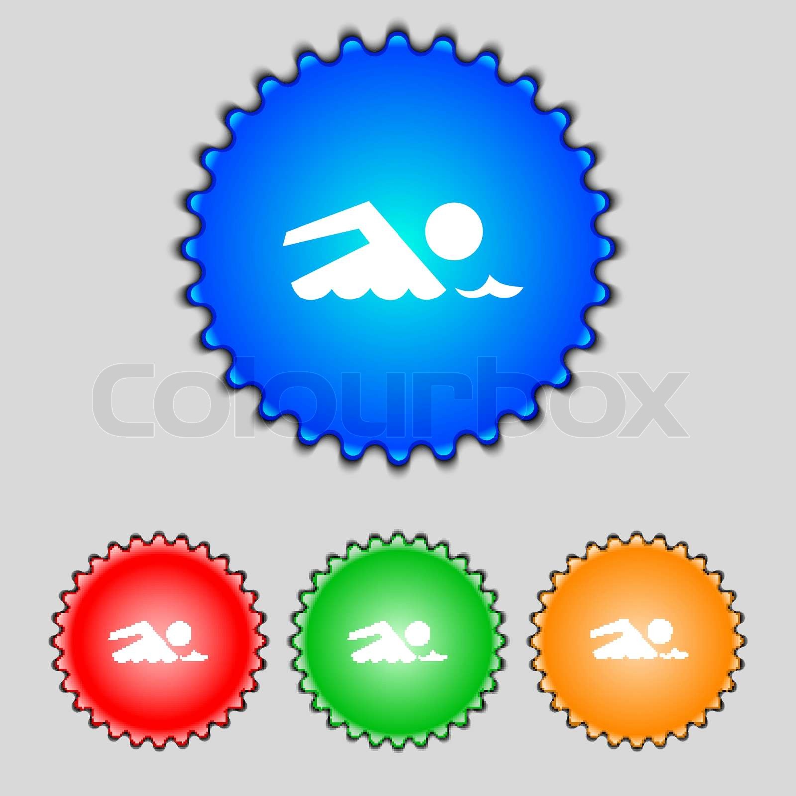 Swimming sign icon. Pool swim symbol. Sea wave. Set colourful buttons ...