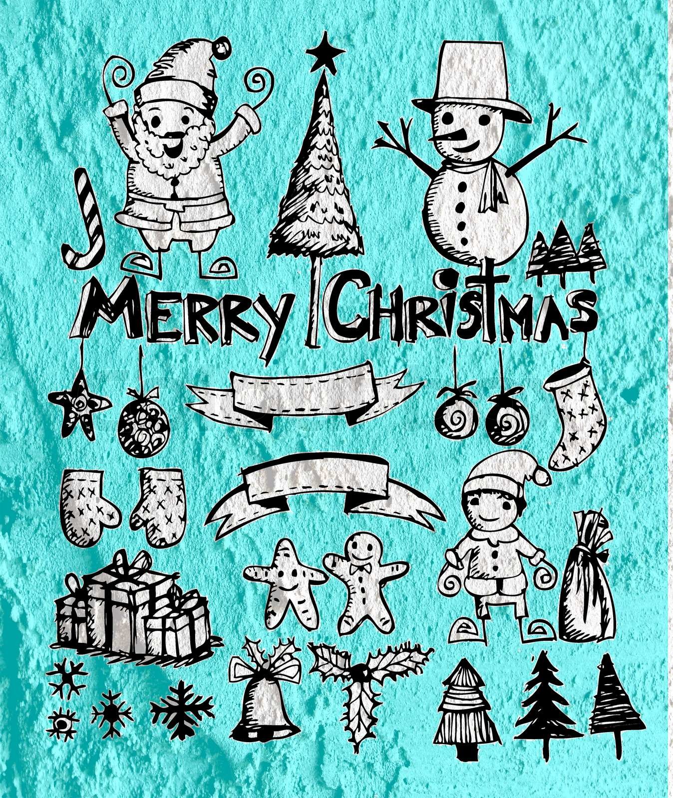 Christmas Icons Elements And Illustrations On Cement Wall Background