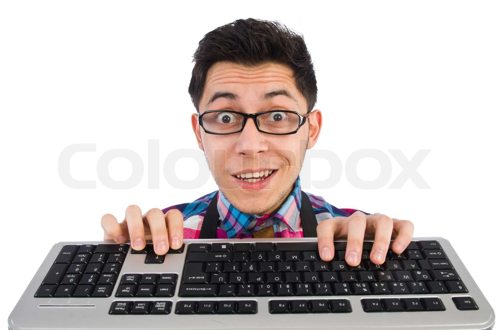 Computer nerd with keyboard isolated on white | Stock image | Colourbox