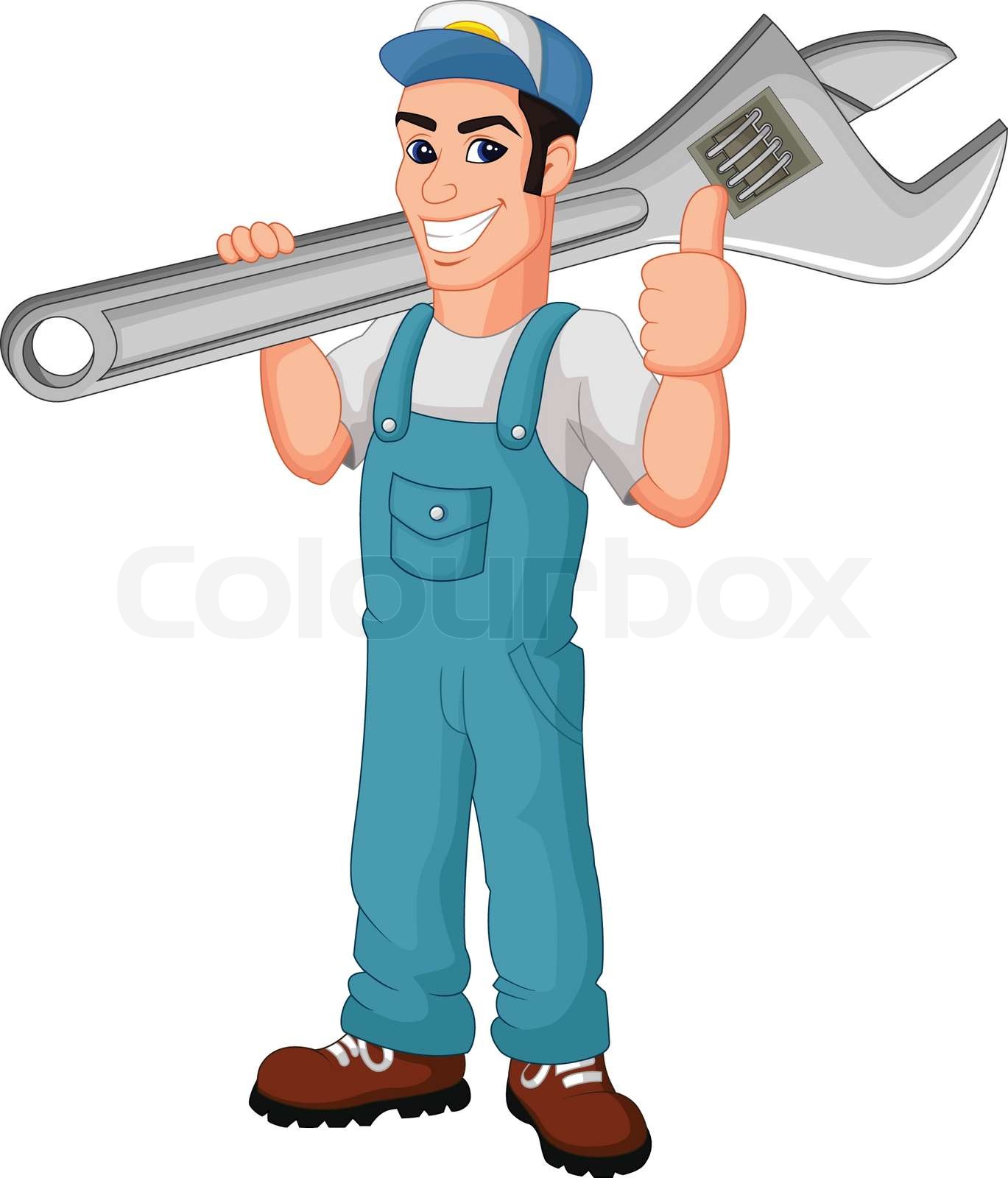 Cartoon mechanic holding a huge wrench | Stock vector | Colourbox