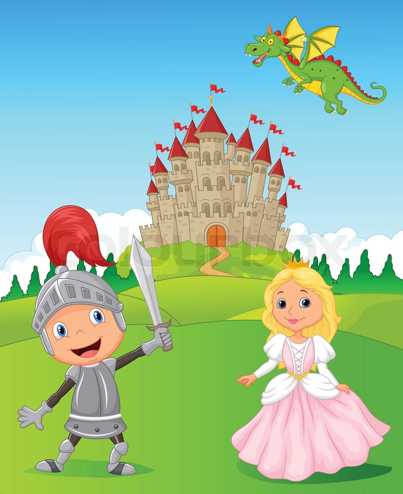 Cartoon Knight, princess and dragon | Stock vector | Colourbox
