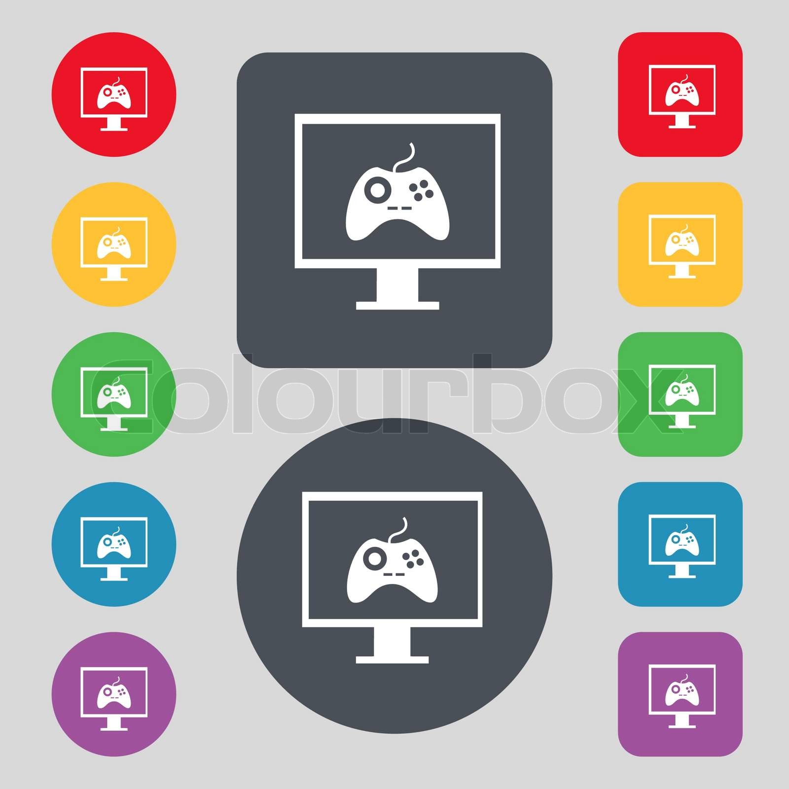 Joystick and monitor sign icon. Video game symbol. Set colourful ...