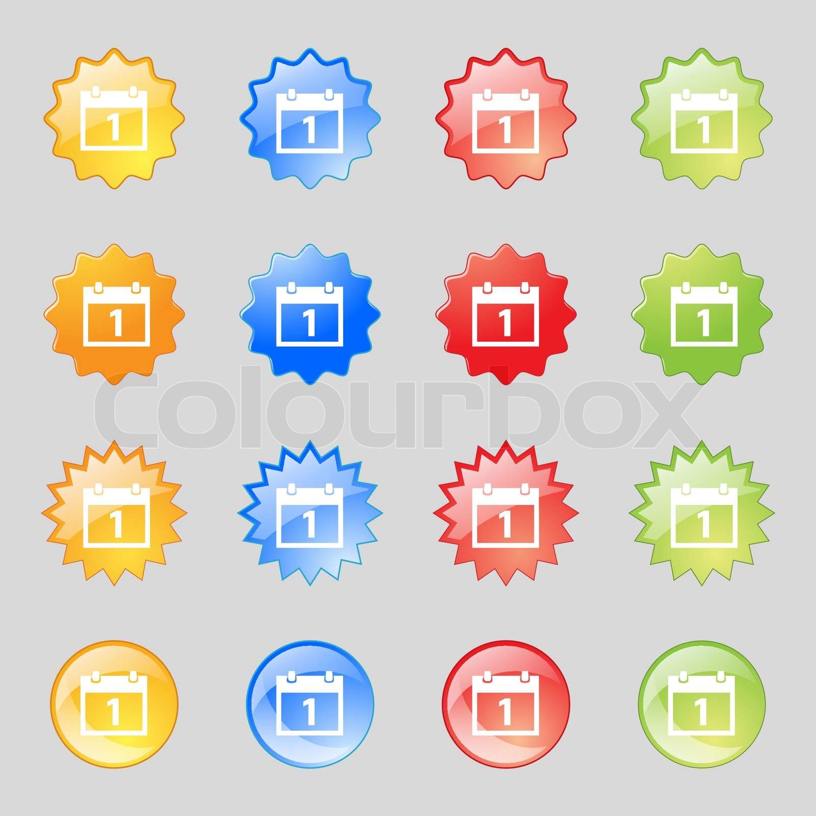 Calendar sign icon. 1 day month symbol. Date button. Set colourful ...