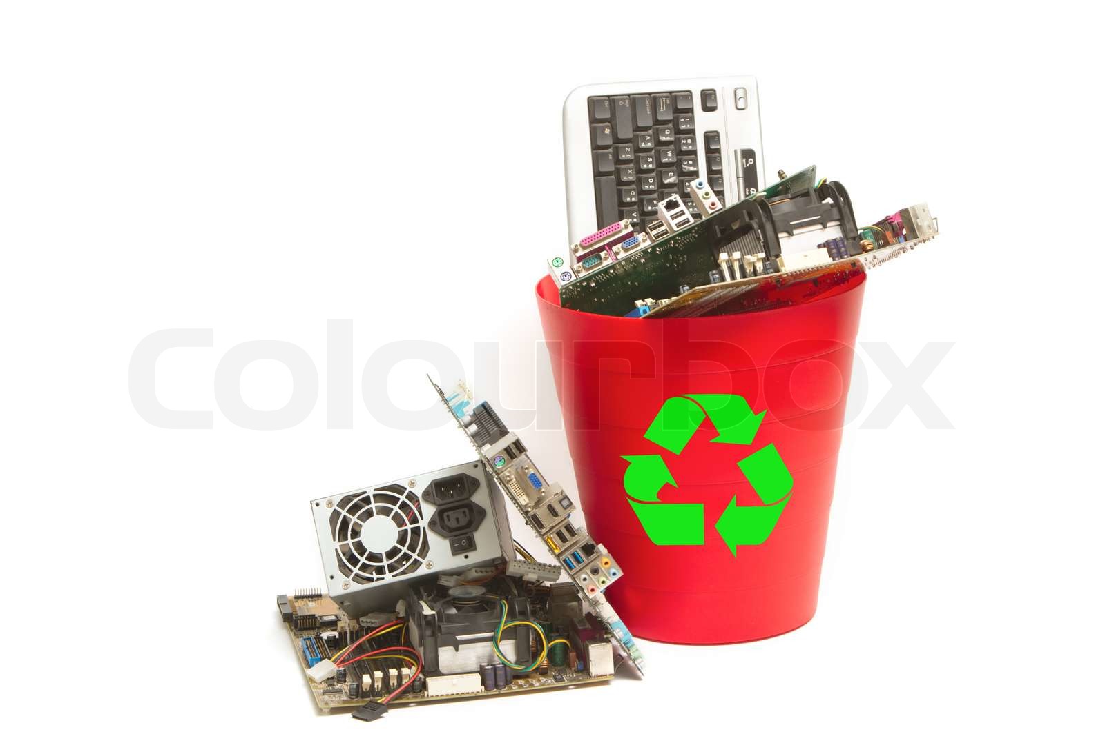 Electronic and computer parts trash in recycle bin | Stock image ...