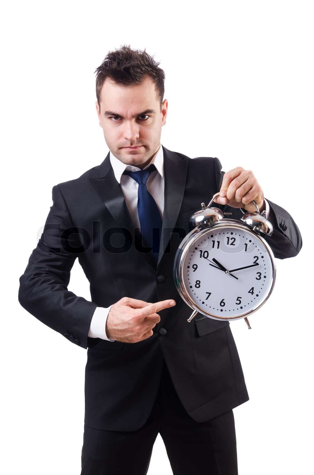Man with alarm clock isolated on white | Stock image | Colourbox