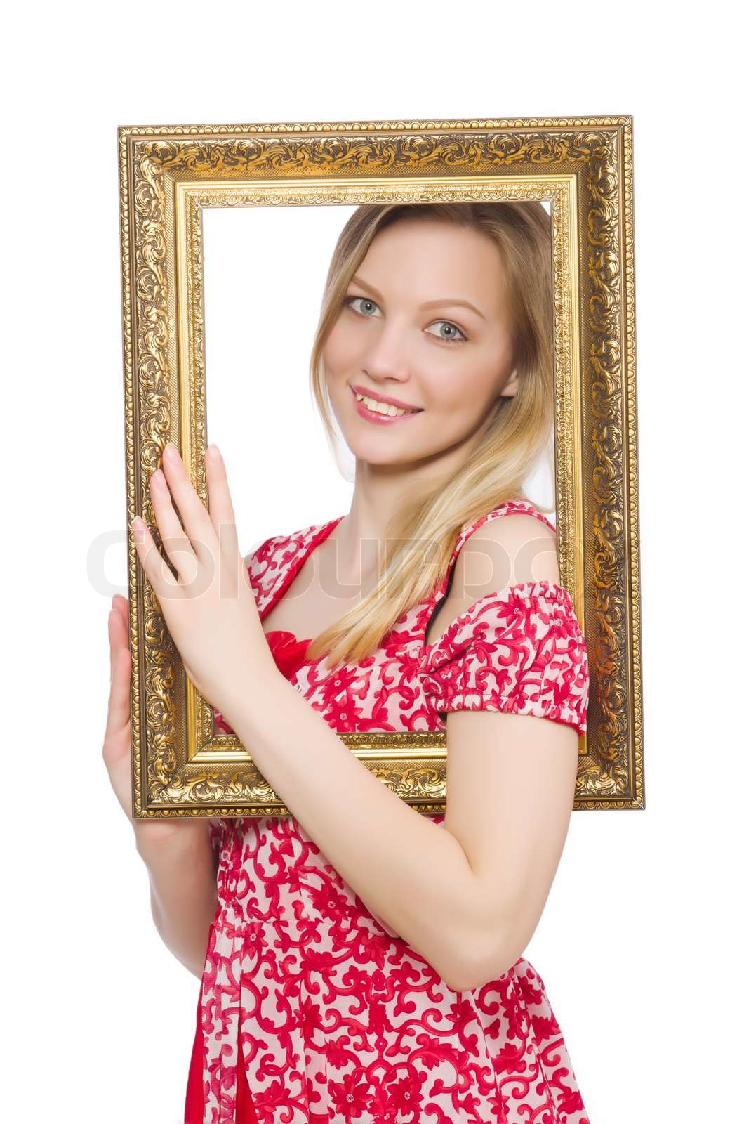 Woman holding picture frame isolated on white | Stock image | Colourbox