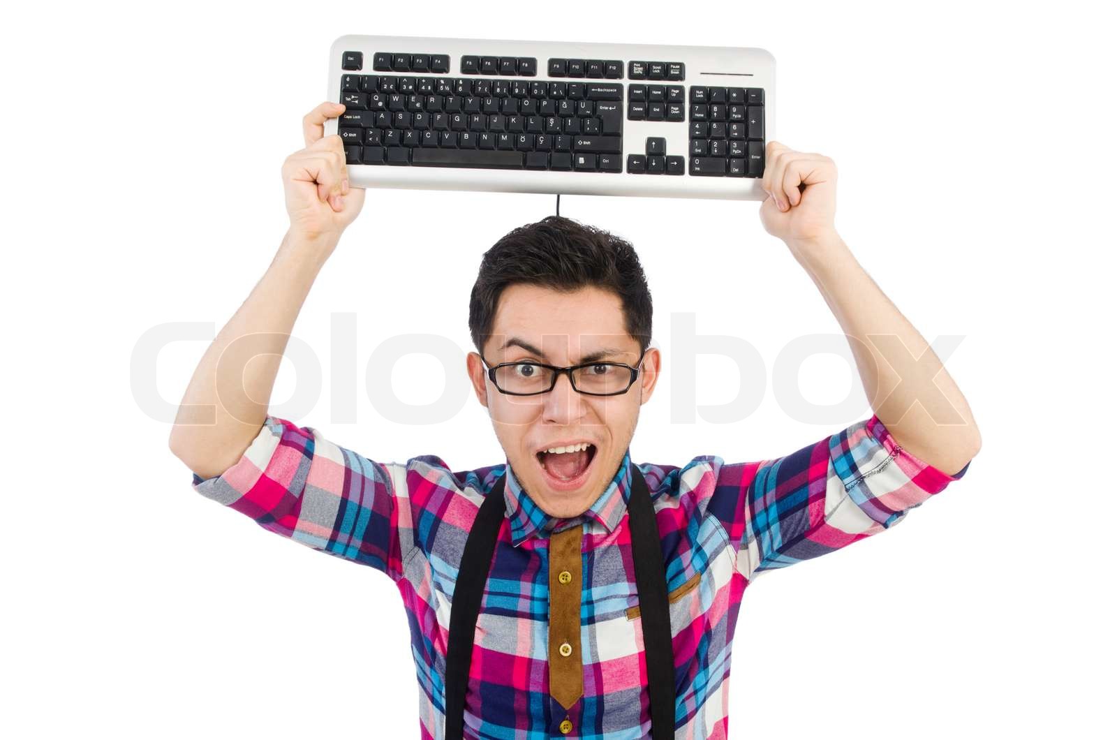 Computer nerd with keyboard isolated on white | Stock image | Colourbox