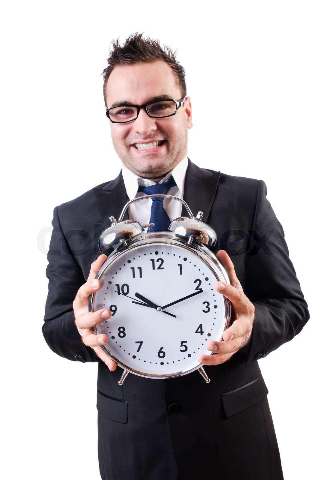 Man with alarm clock isolated on white | Stock image | Colourbox