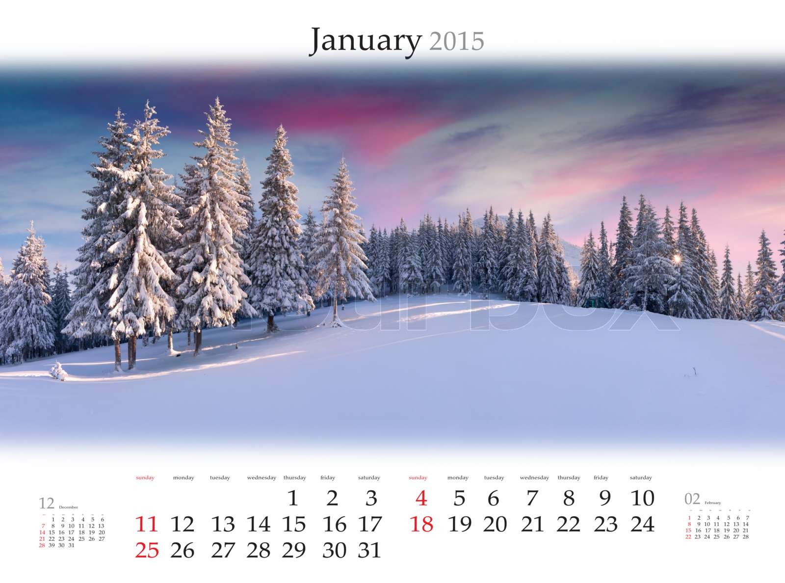 Calendar 2015 . January. Beautiful winter landscape in the mountains ...