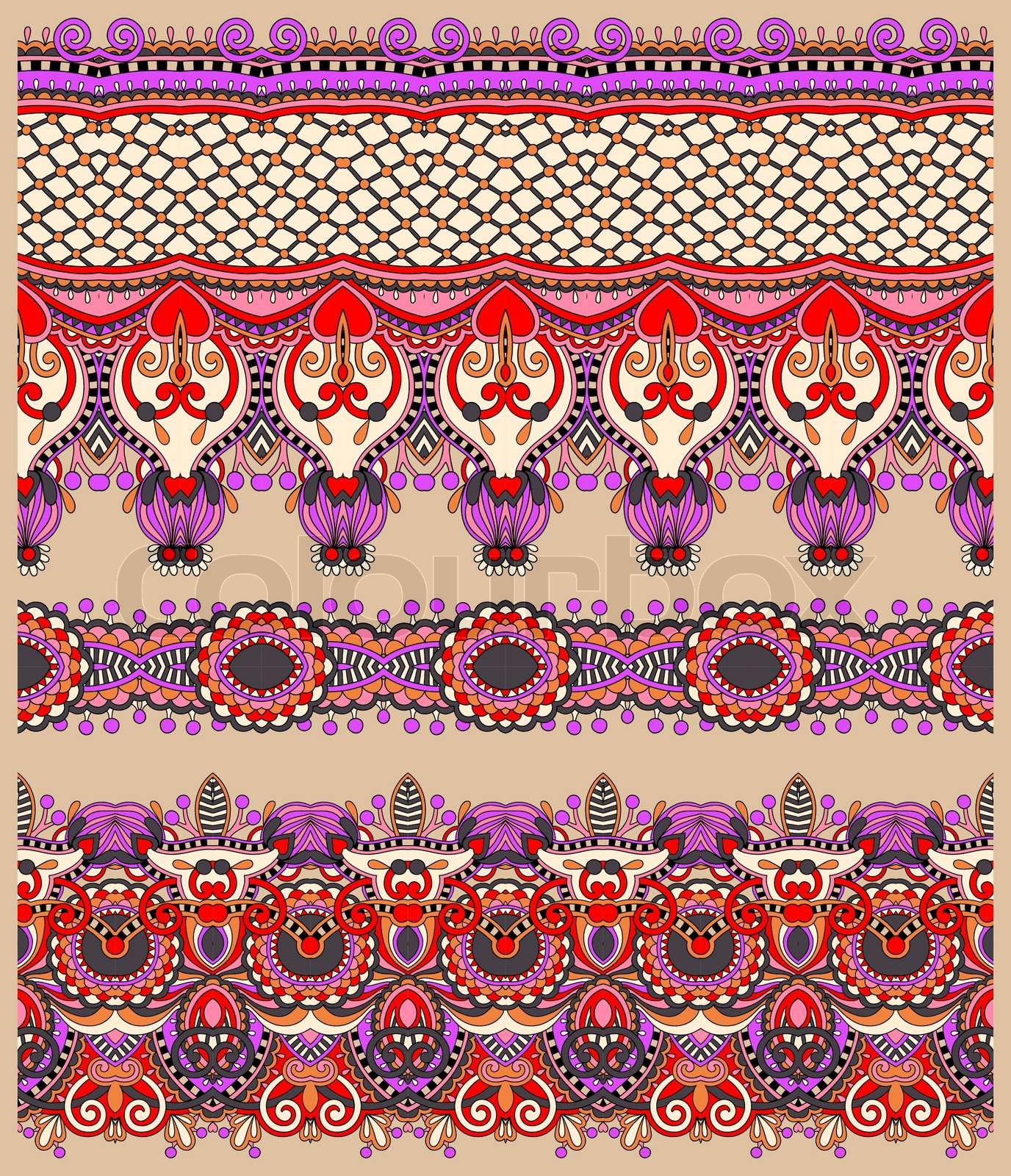 seamless ethnic floral paisley stripe pattern, border set | Stock ...