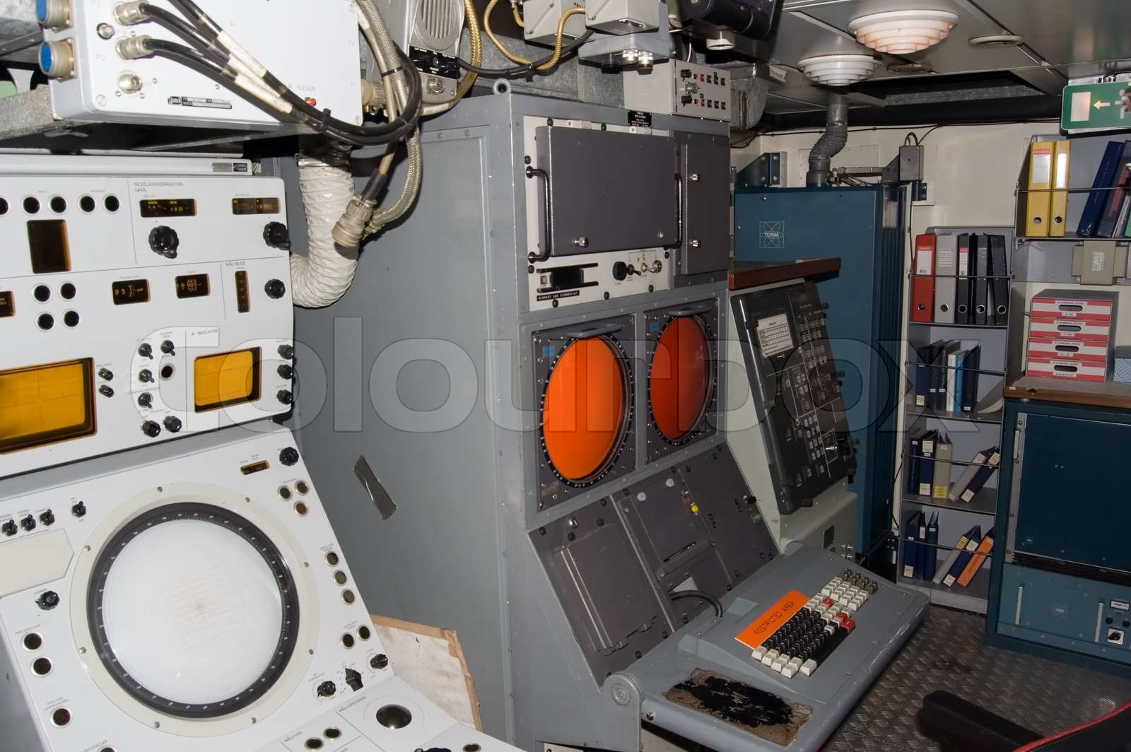 Control room in small cold war warship | Stock image | Colourbox