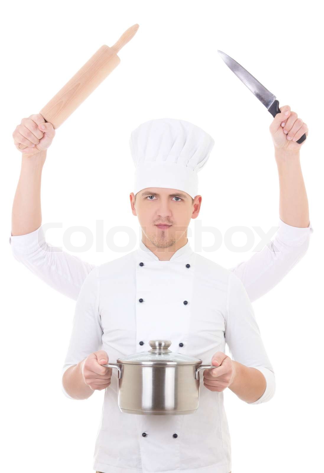 cooking concept -young man in chef uniform with four hands holding ...