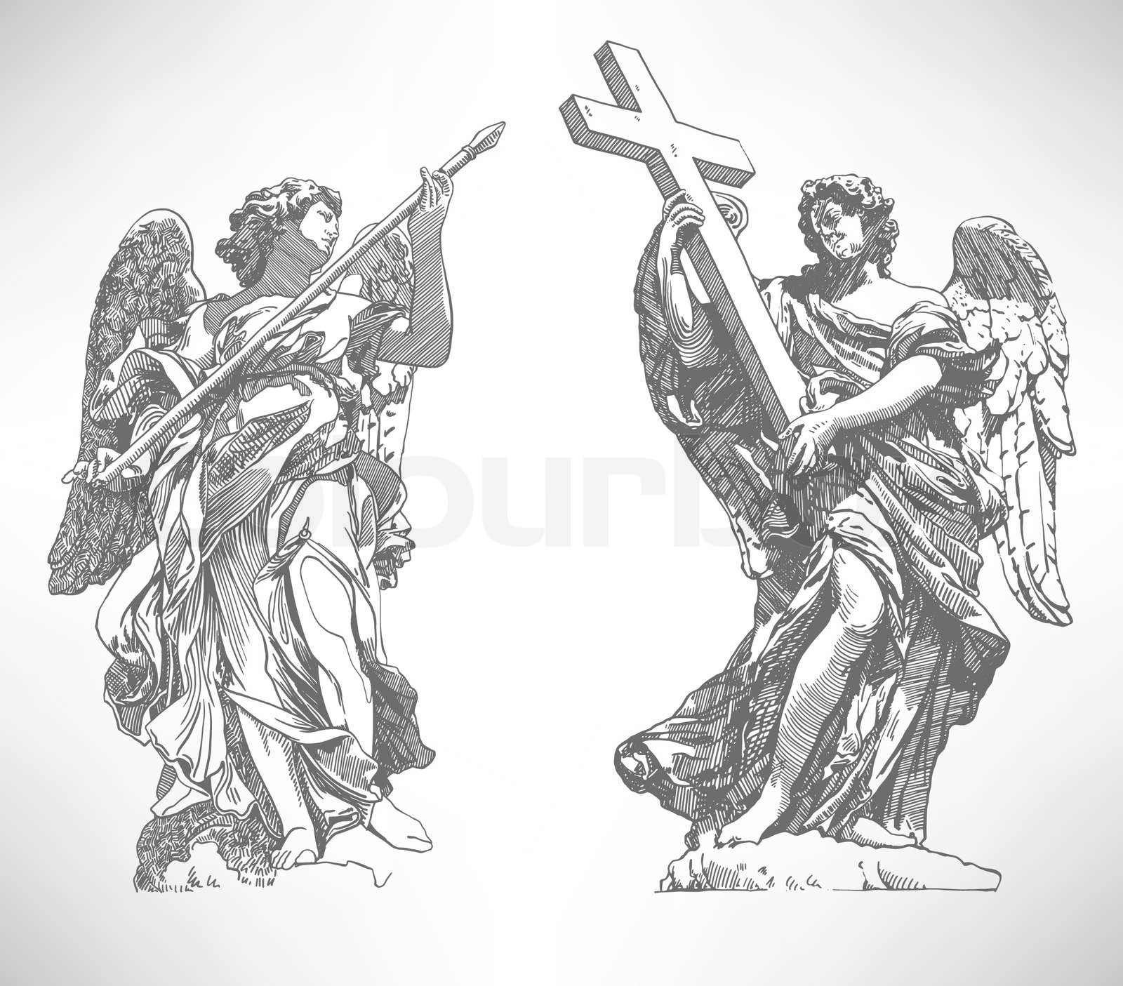 digital drawing marble statue of two angels | Stock vector | Colourbox