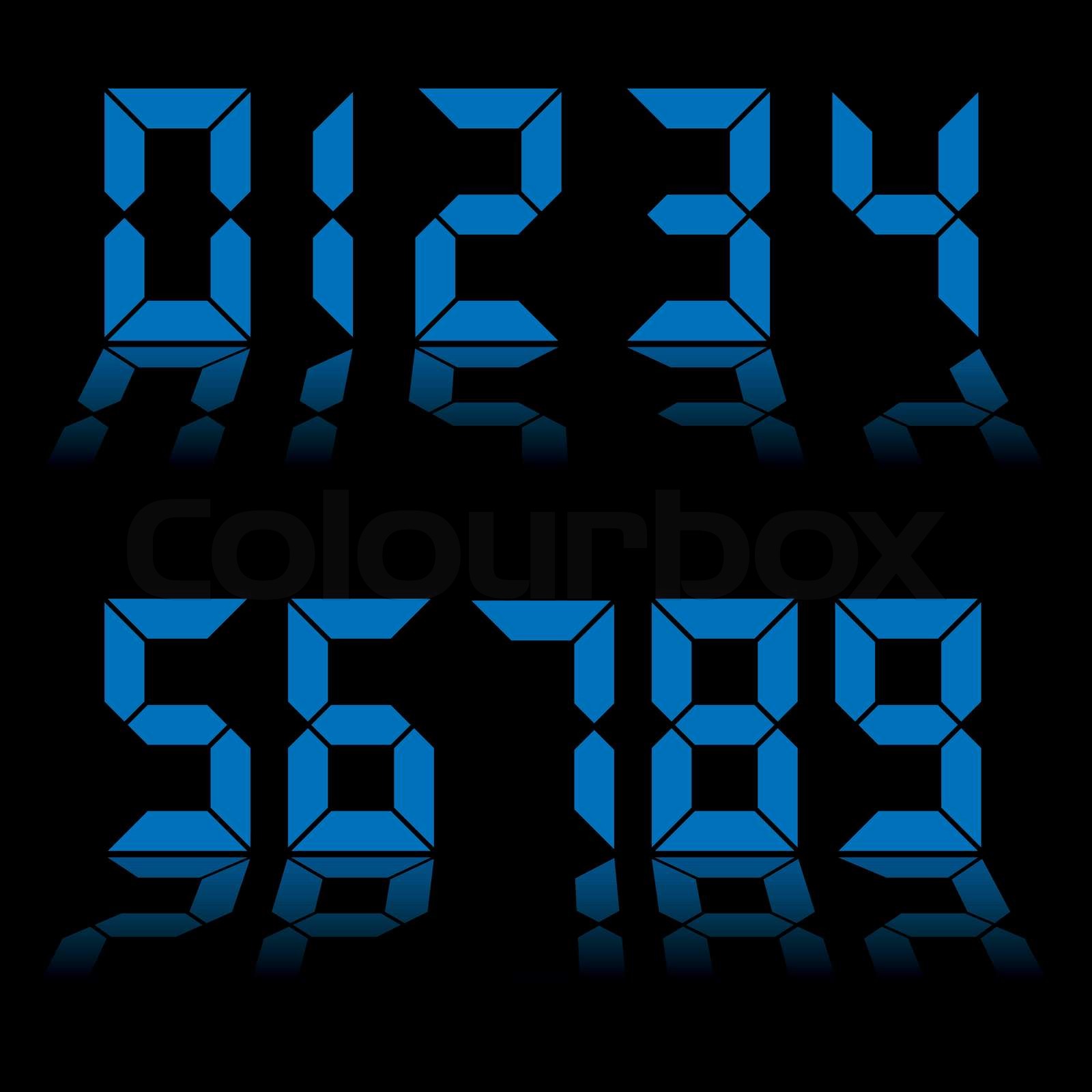 Collection of blue digital numbers as used on clocks and computers ...