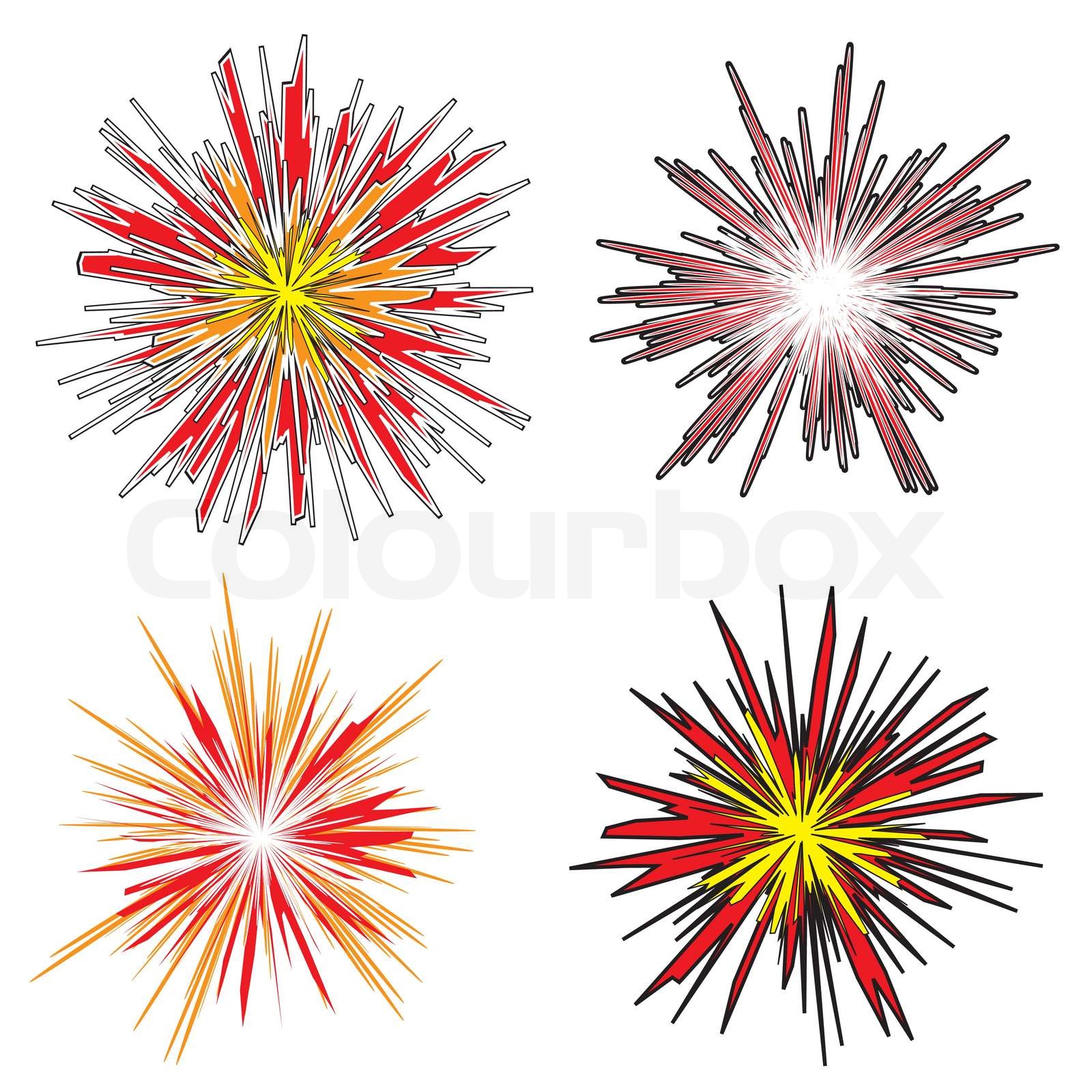 Four various explosions with cartoon style fire in bright colors ...