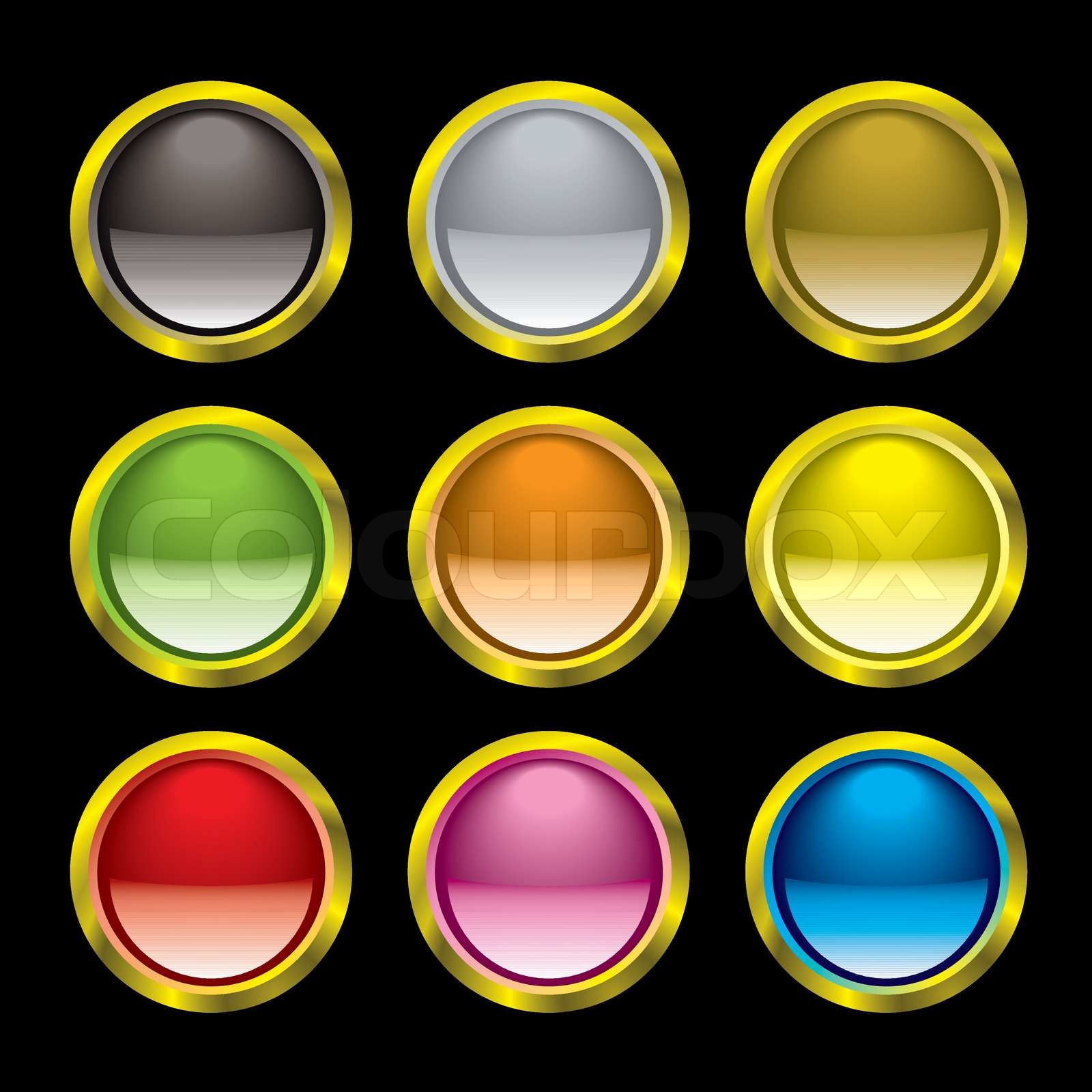 Nine gel filled buttons with gold rim and light reflection | Stock ...