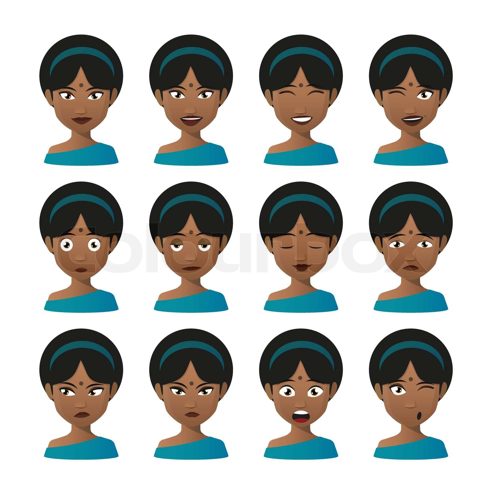 Female indian avatar expression set | Stock vector | Colourbox