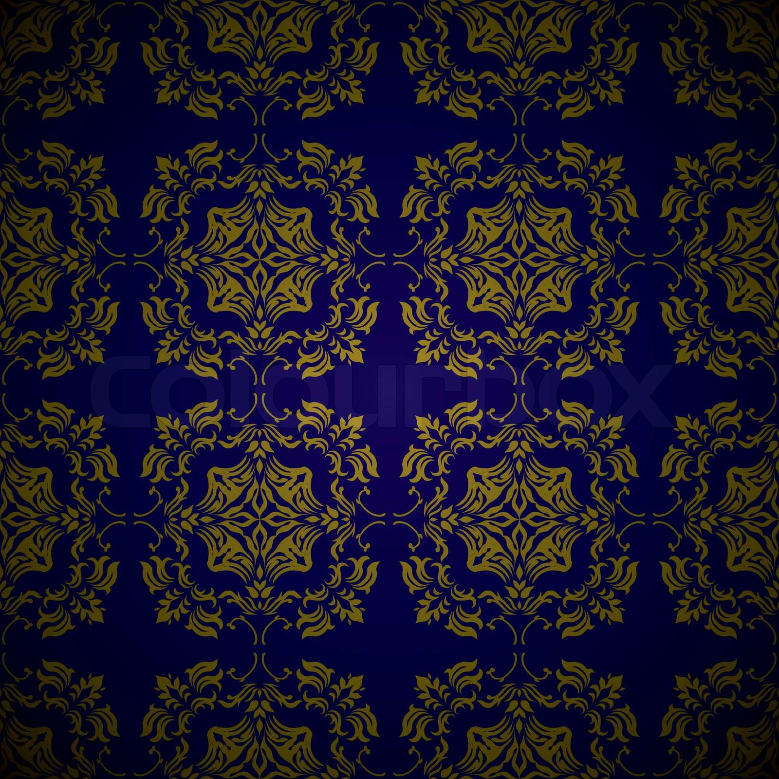 Royal blue and gold seamless repeating design with floral elements ...