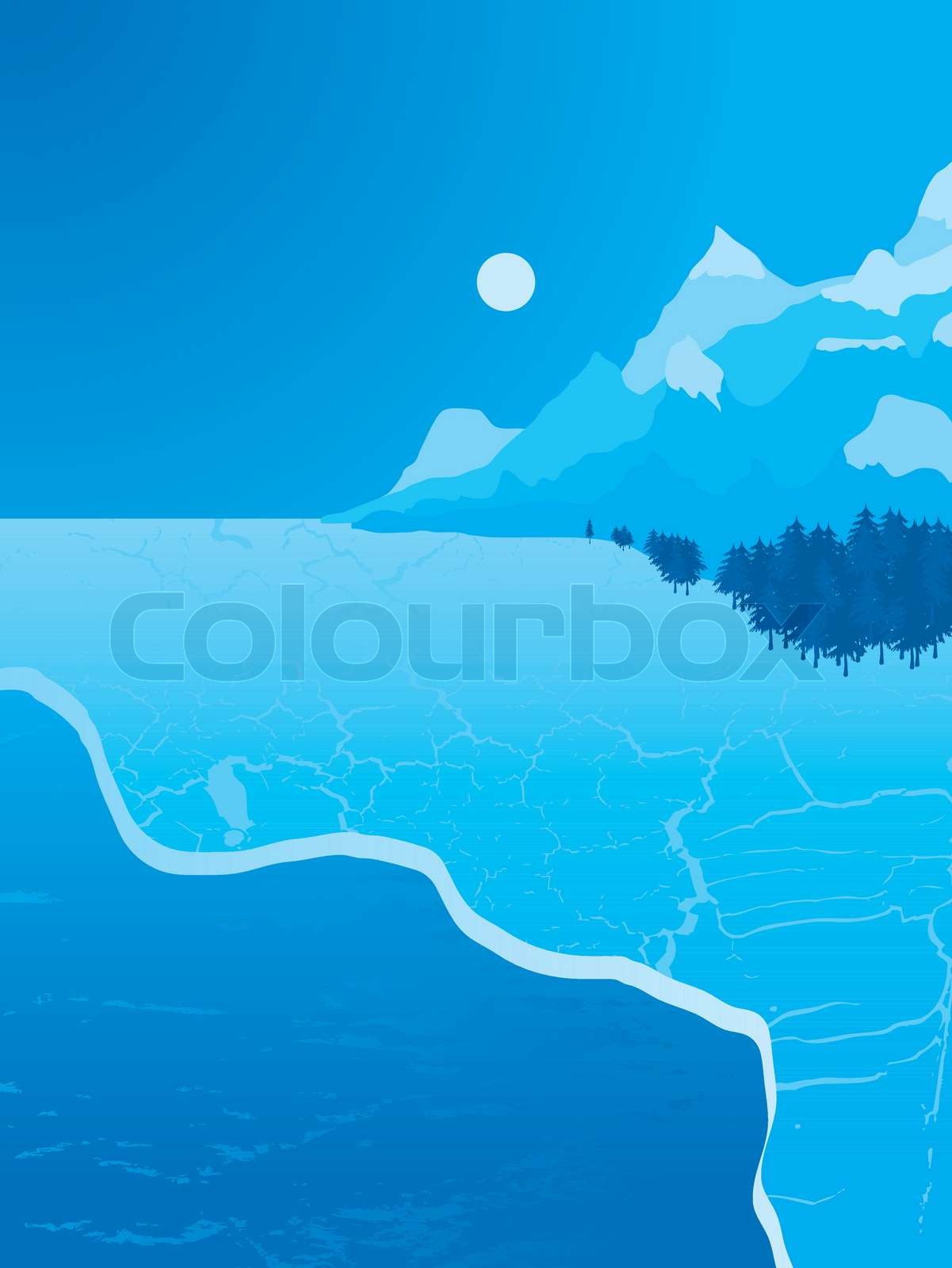 illustrated ice scene with a range of mountains bordered by evergreen ...