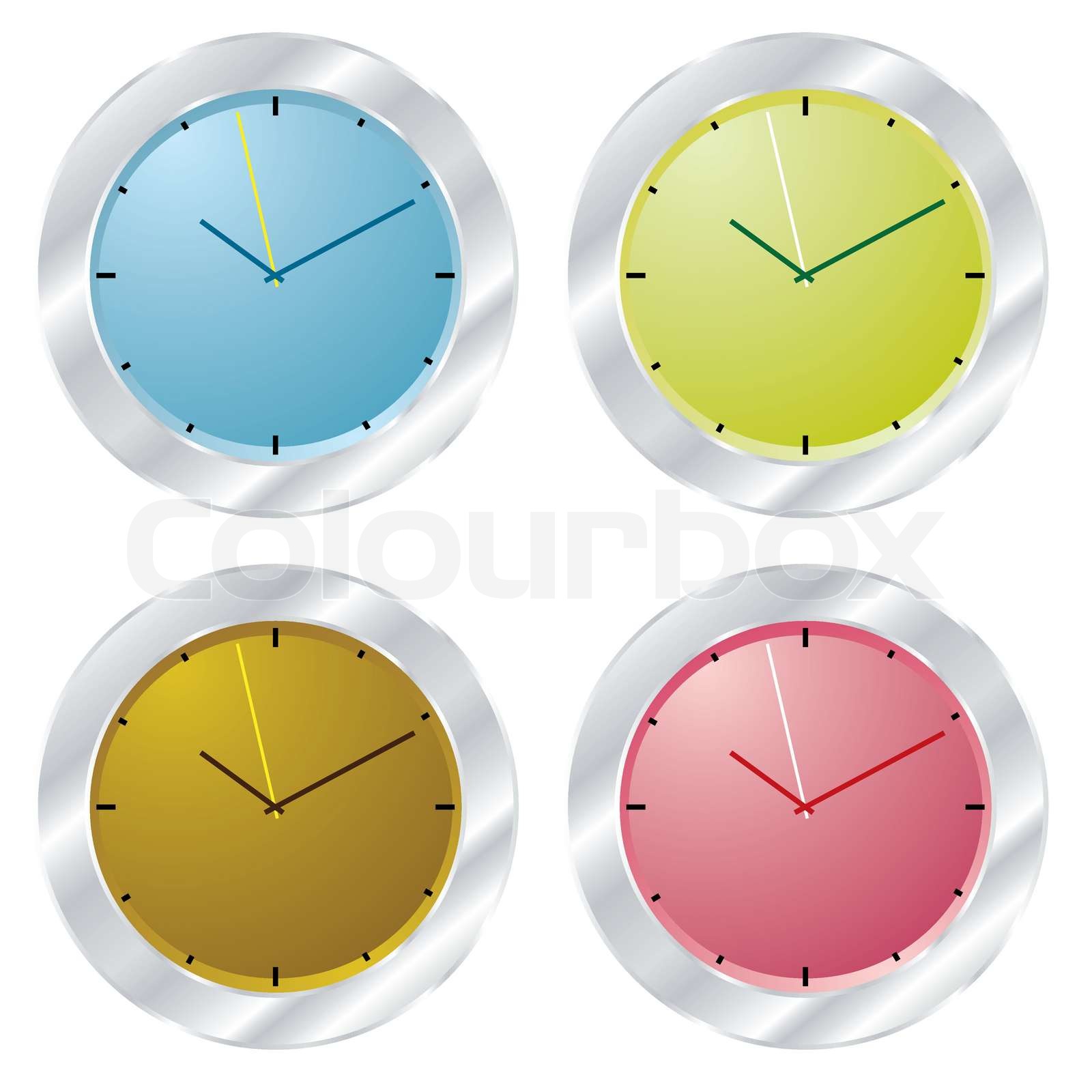 set of clocks with silver bevel and different coloured faces | Stock ...