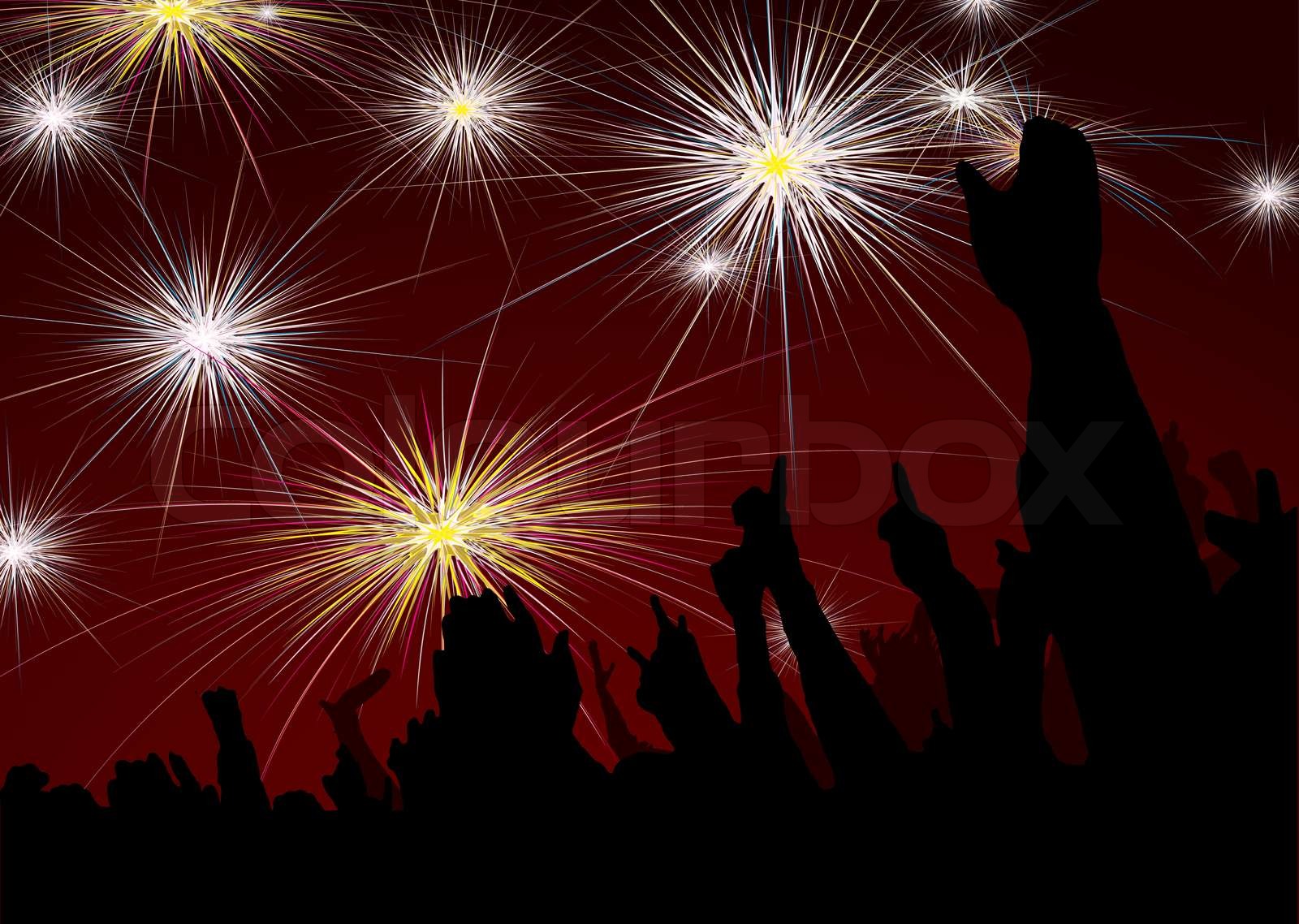 Crowd scene with fireworks display for new year | Stock vector | Colourbox