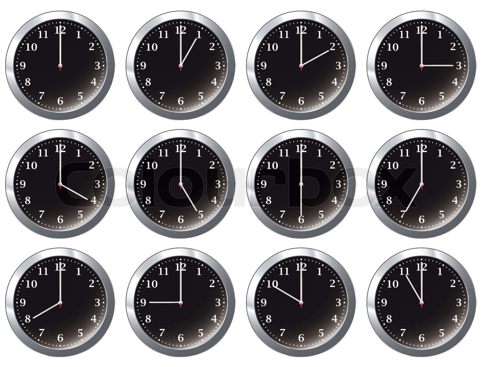 Black office wall clock showing each hour of the day with silver frame ...