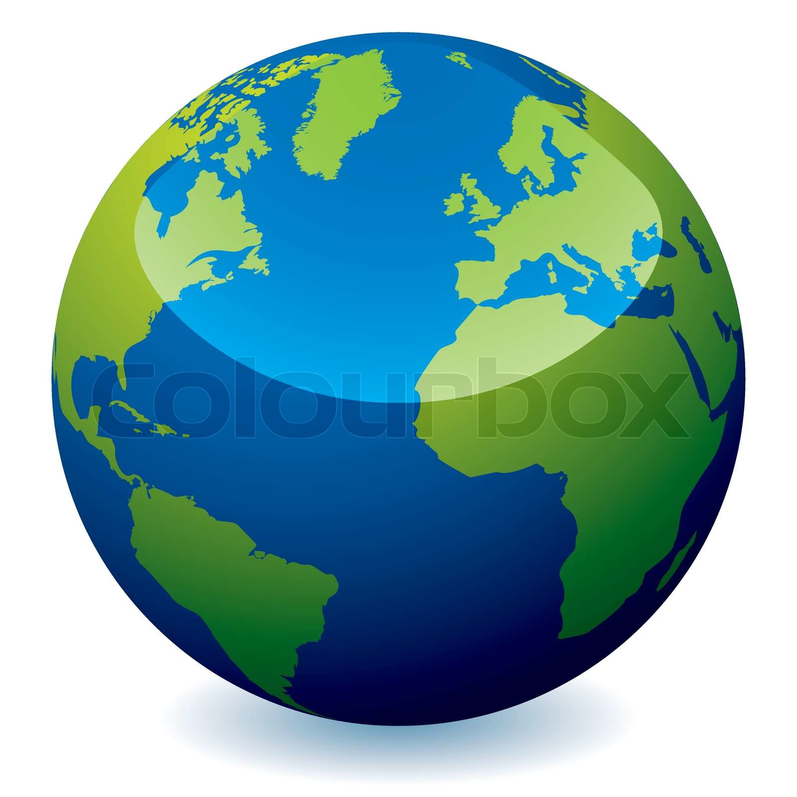 Real world earth icon with blue oceans and green land with shadow ...