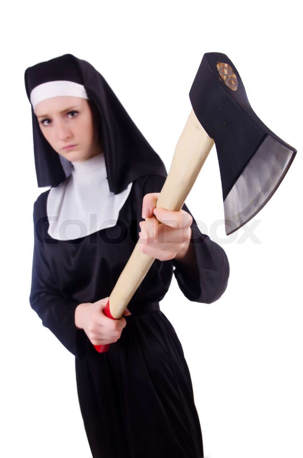 Nun with axe isolated on white | Stock image | Colourbox