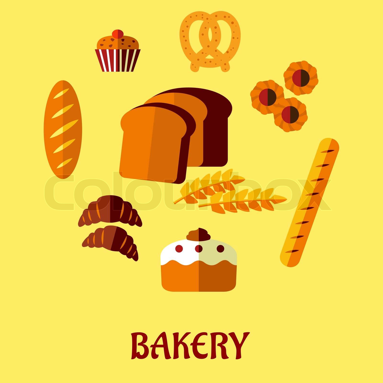 Bakery flat icon set on yellow background | Stock vector | Colourbox
