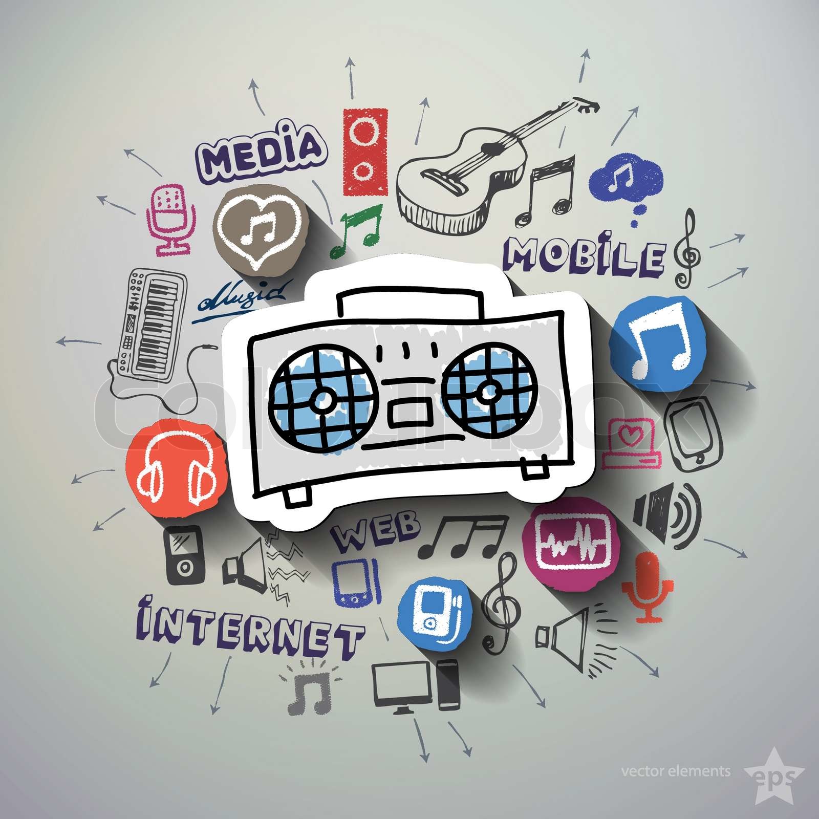 Entertainment and music collage with icons background | Stock vector ...