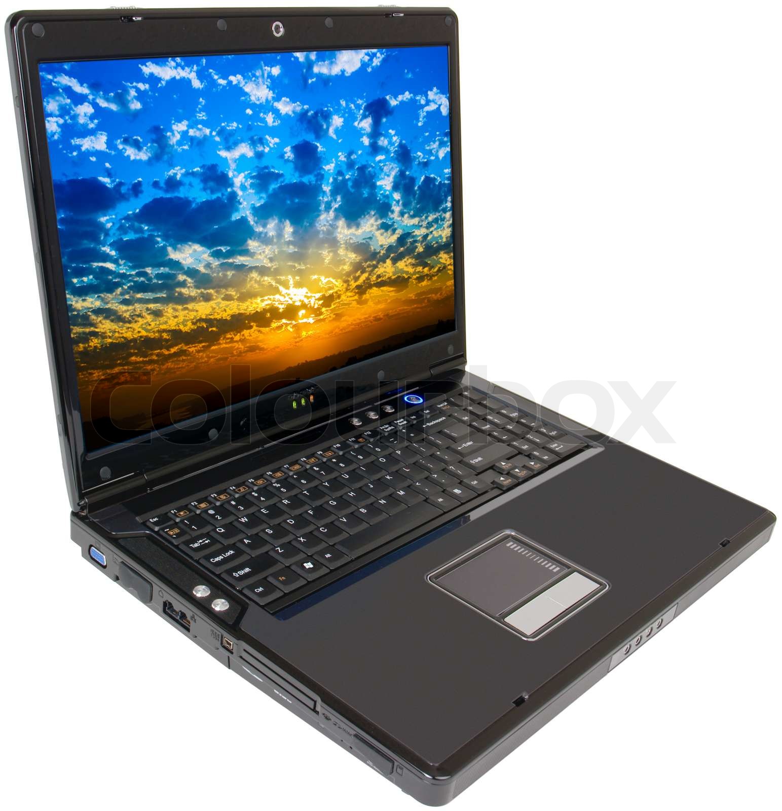 Black Laptop Computer With Orange and Blue Sunset Screensaver ...