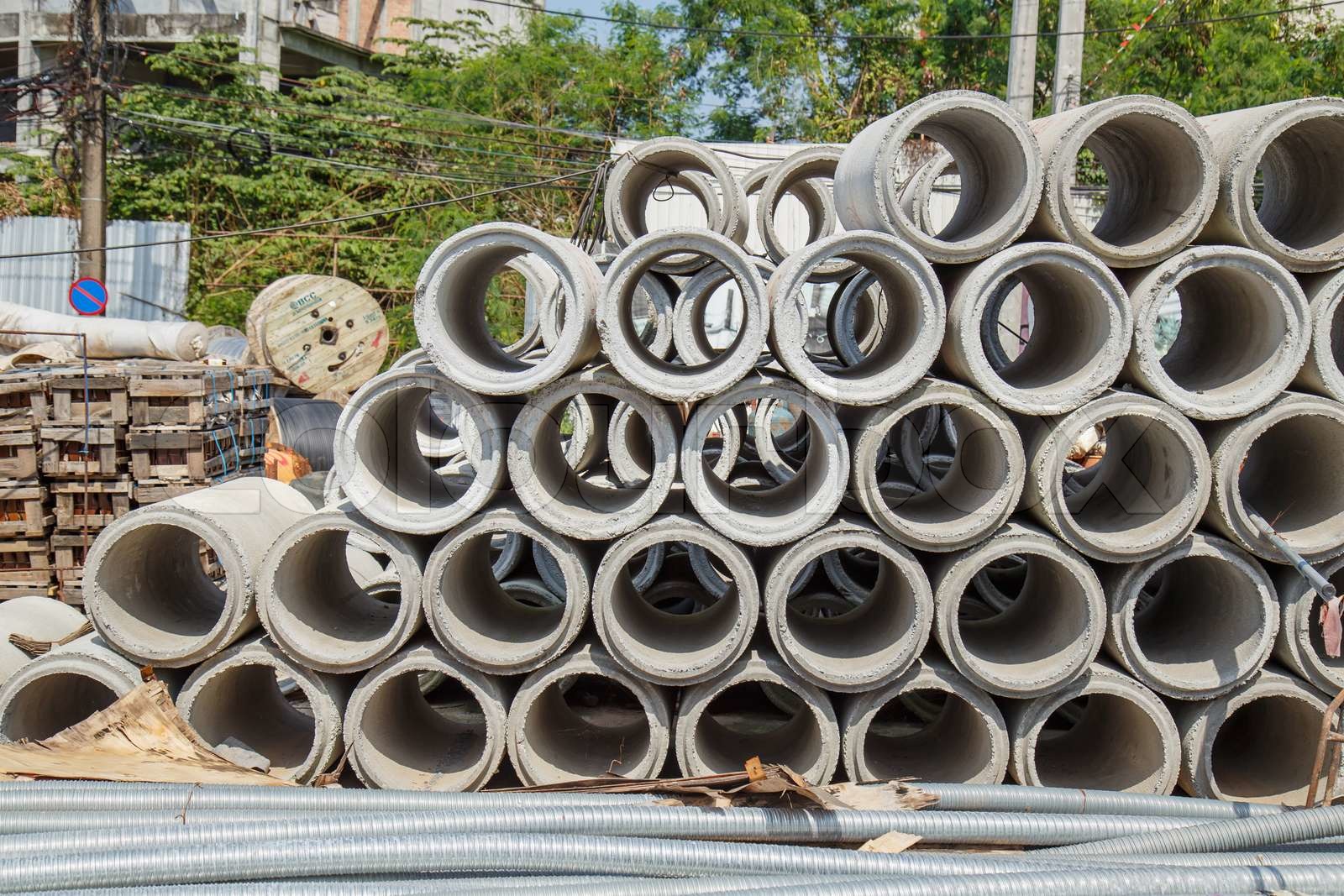 Stack of Concrete drainage pipes | Stock image | Colourbox
