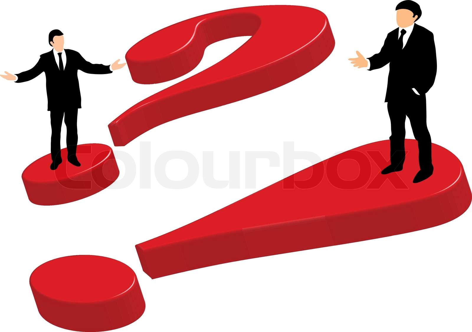 Business men standing on big red question mark and big red exclamation ...