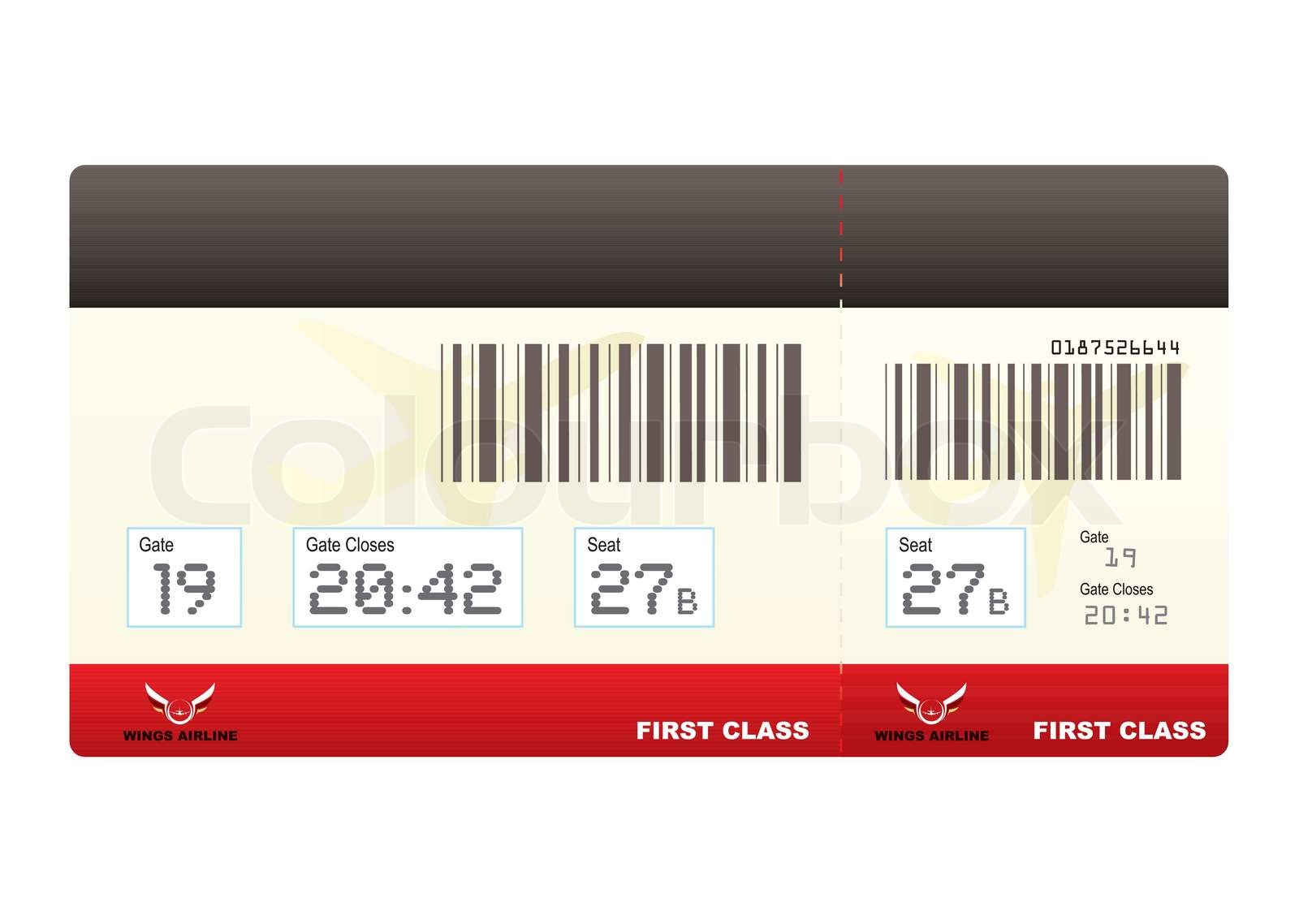 first class plane ticket or boarding pass in red with barcode | Stock ...