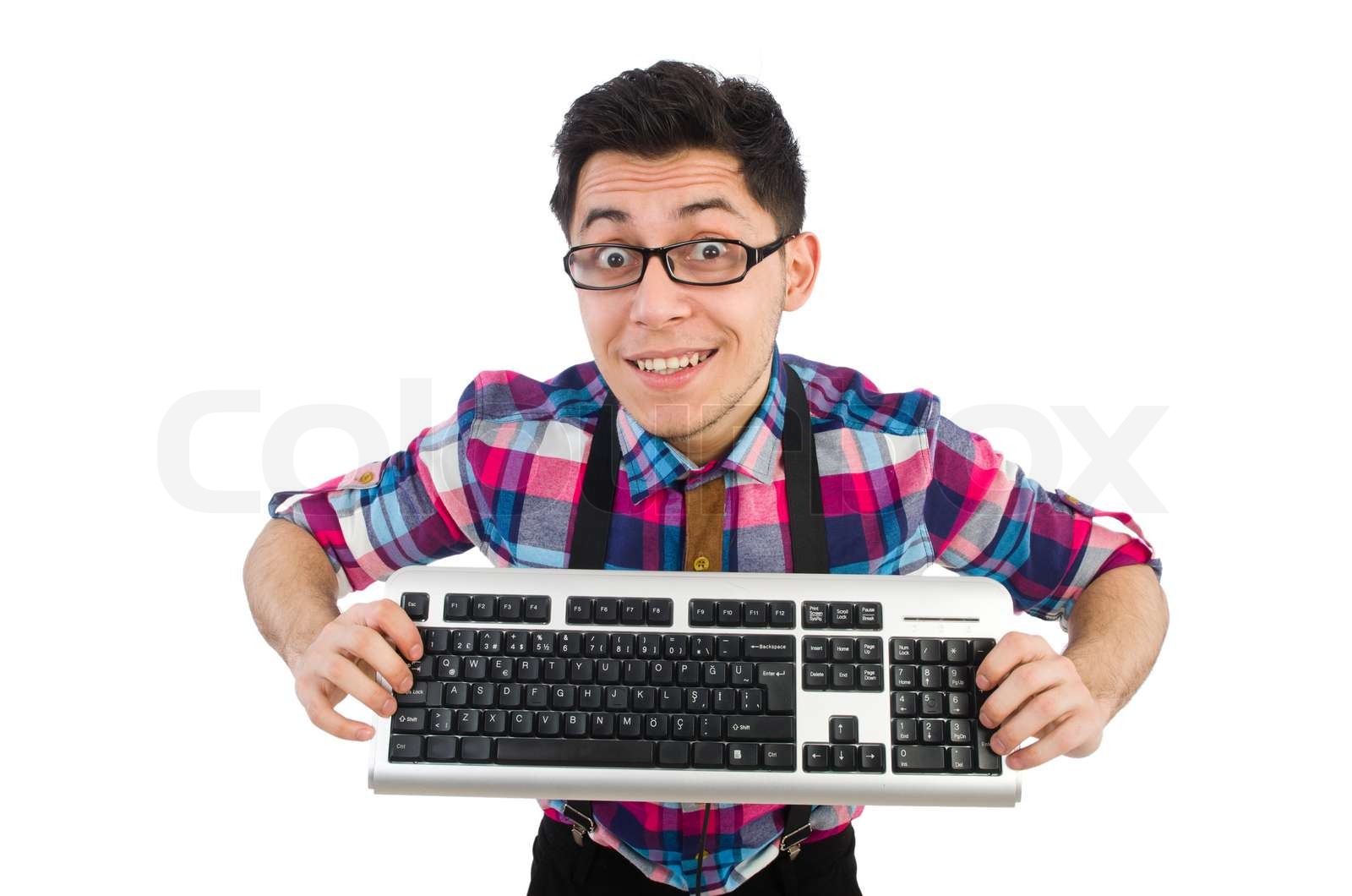 Computer nerd with keyboard isolated on white | Stock image | Colourbox