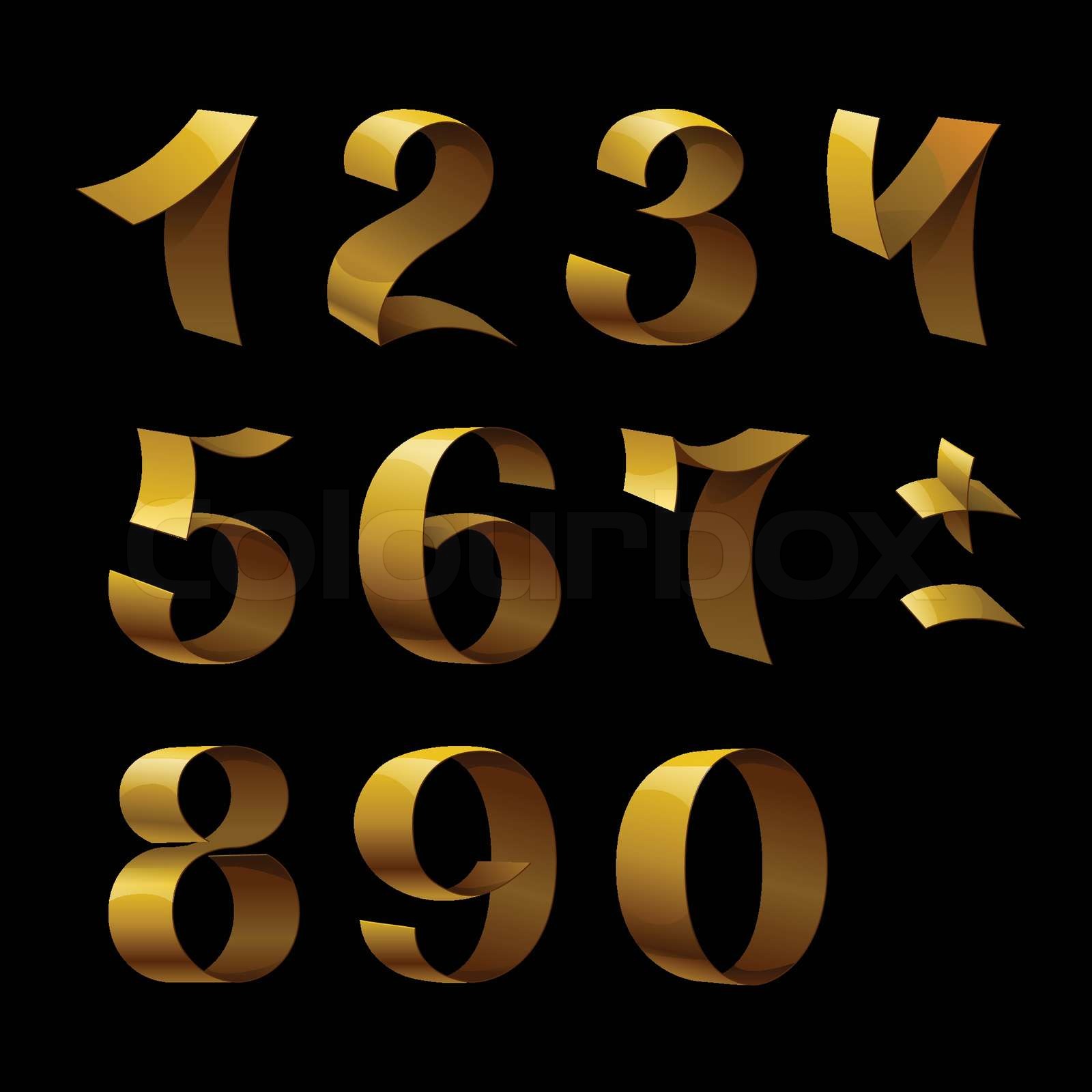 Set of isolated golden shining ribbon numbers on black backgroun ...