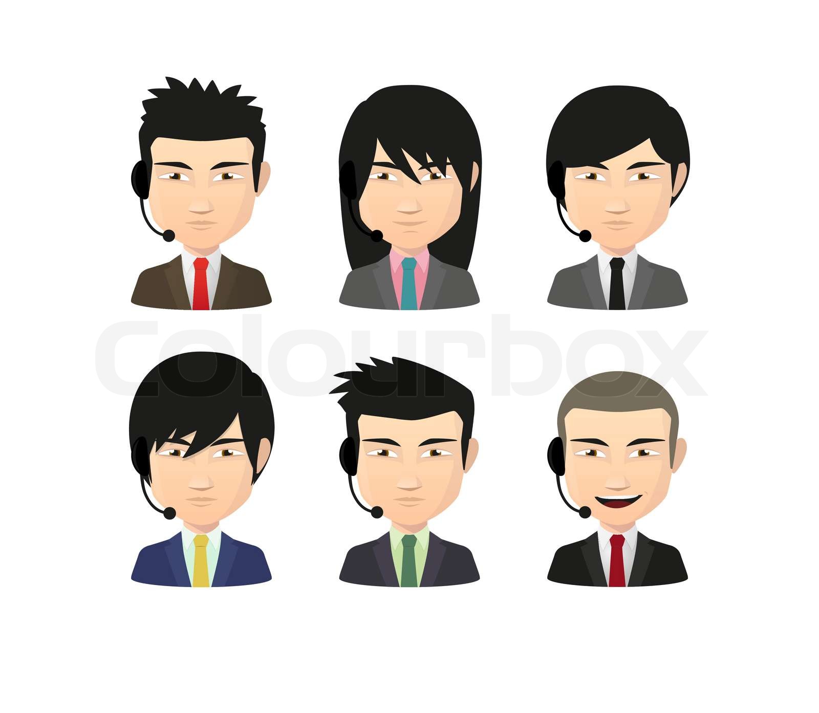 Set of asian male avatars with various hair styles wearing headset ...