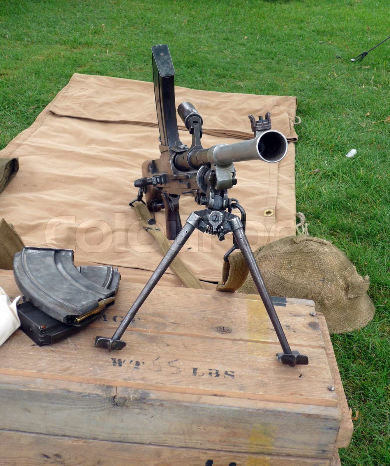 World war two british machine gun set up on a vintage box | Stock image ...