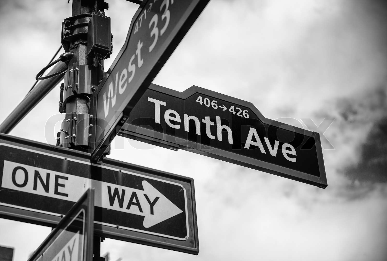 Street sign at the corner of 10th ave and 33rd st, Manhattan | Stock ...