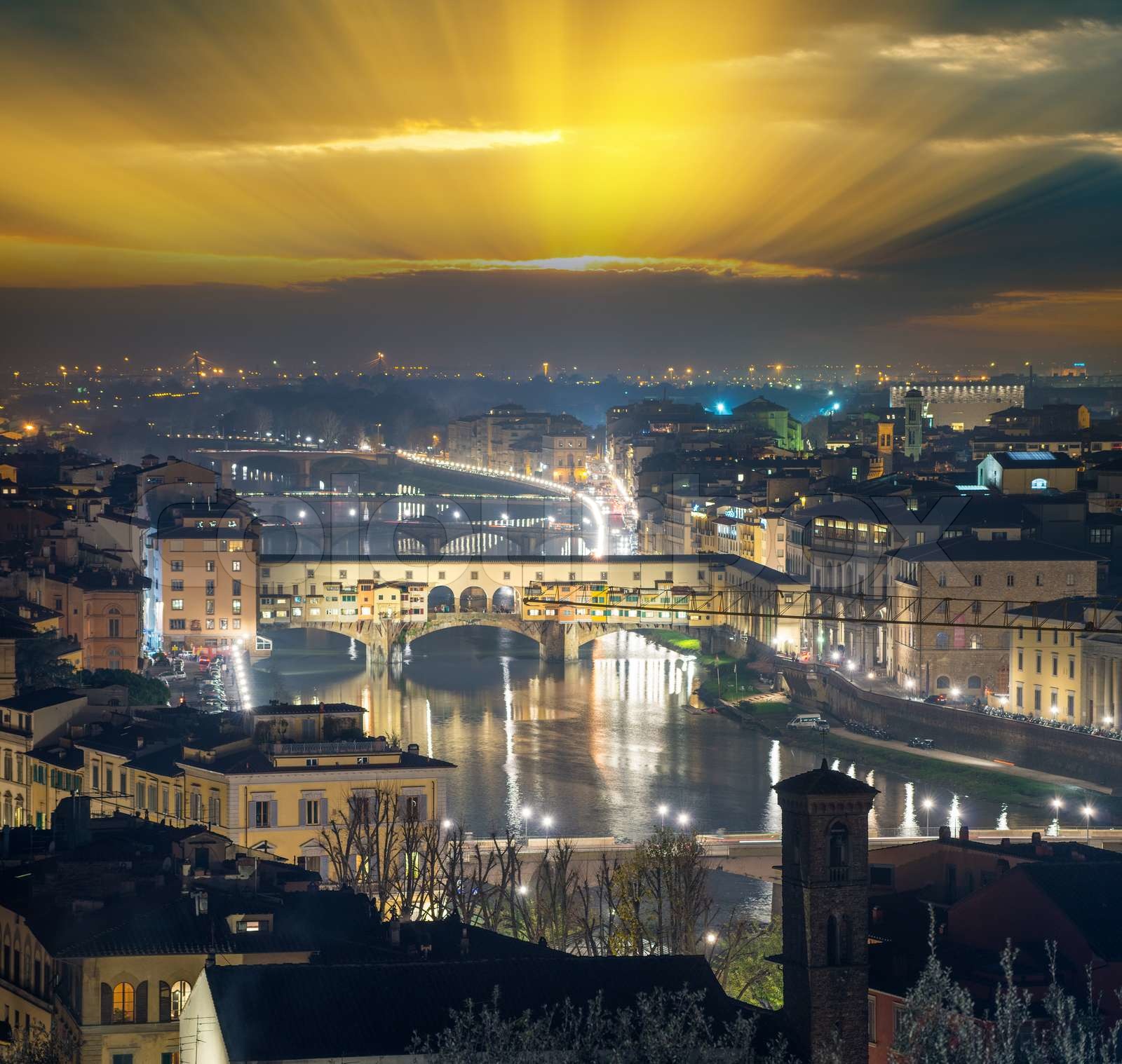 Stunning aerial night view of Ponte Vecchio, Firenze. Old Bridge and ...