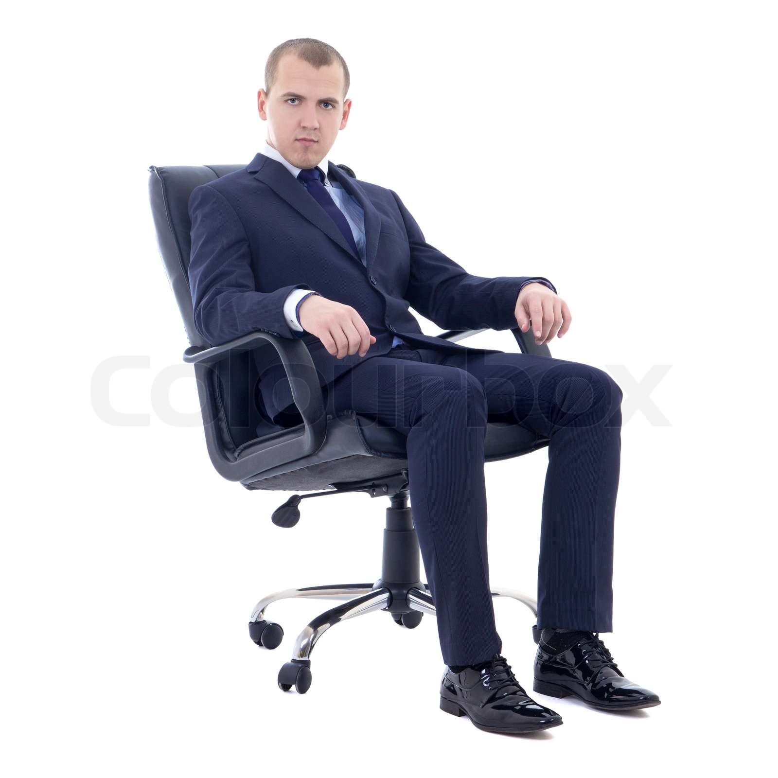 young business man sitting on office chair isolated on white | Stock ...