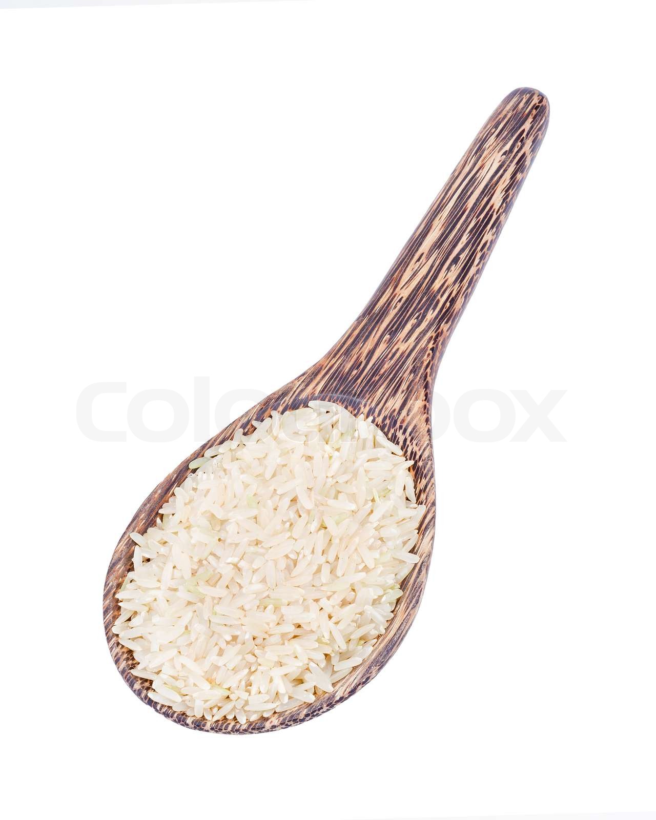 Plain Rice (polished jasmine rice) on wooden ladle isolated | Stock ...