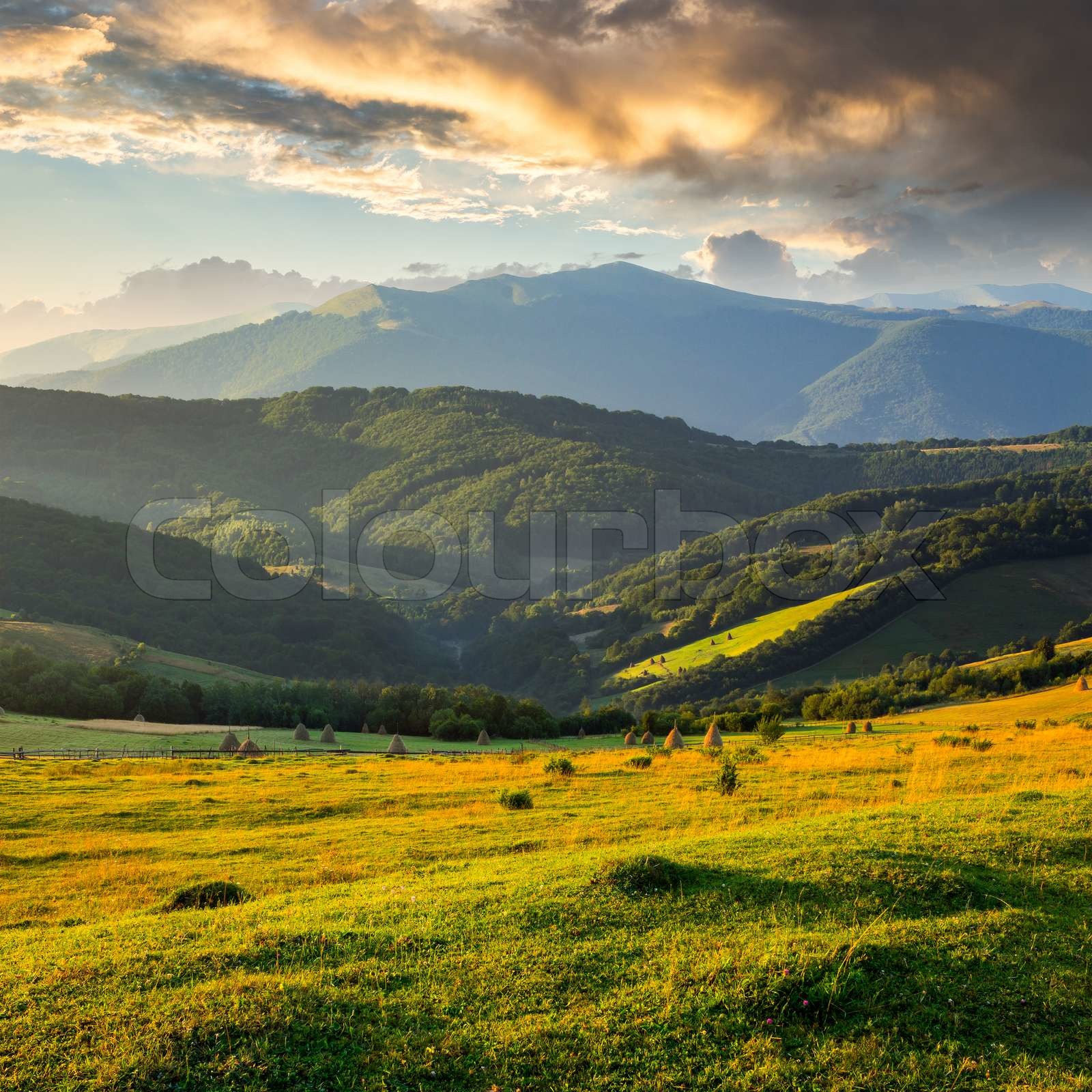 field on hillside near village | Stock image | Colourbox