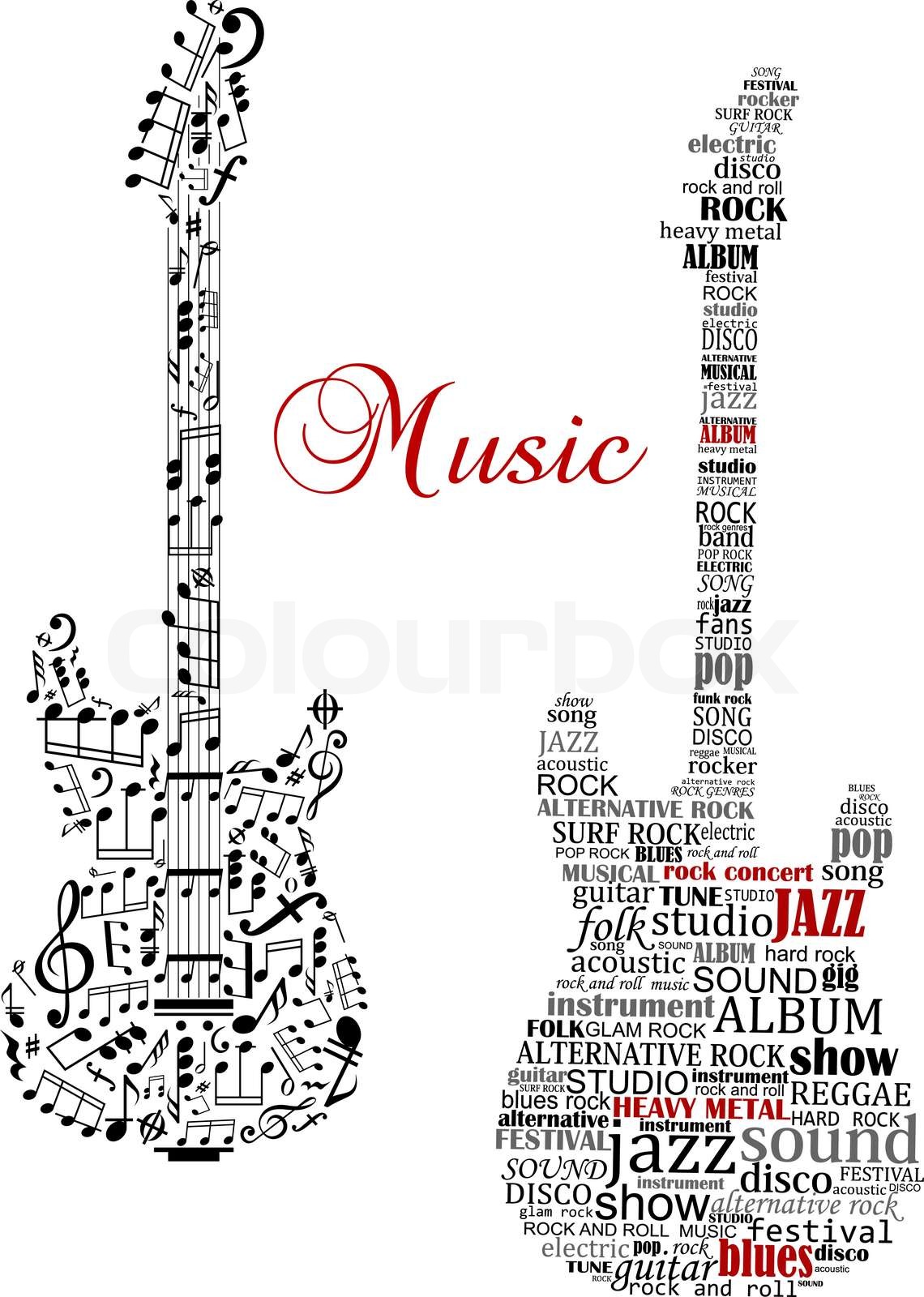 Classic guitars with words and musical notes | Stock vector | Colourbox
