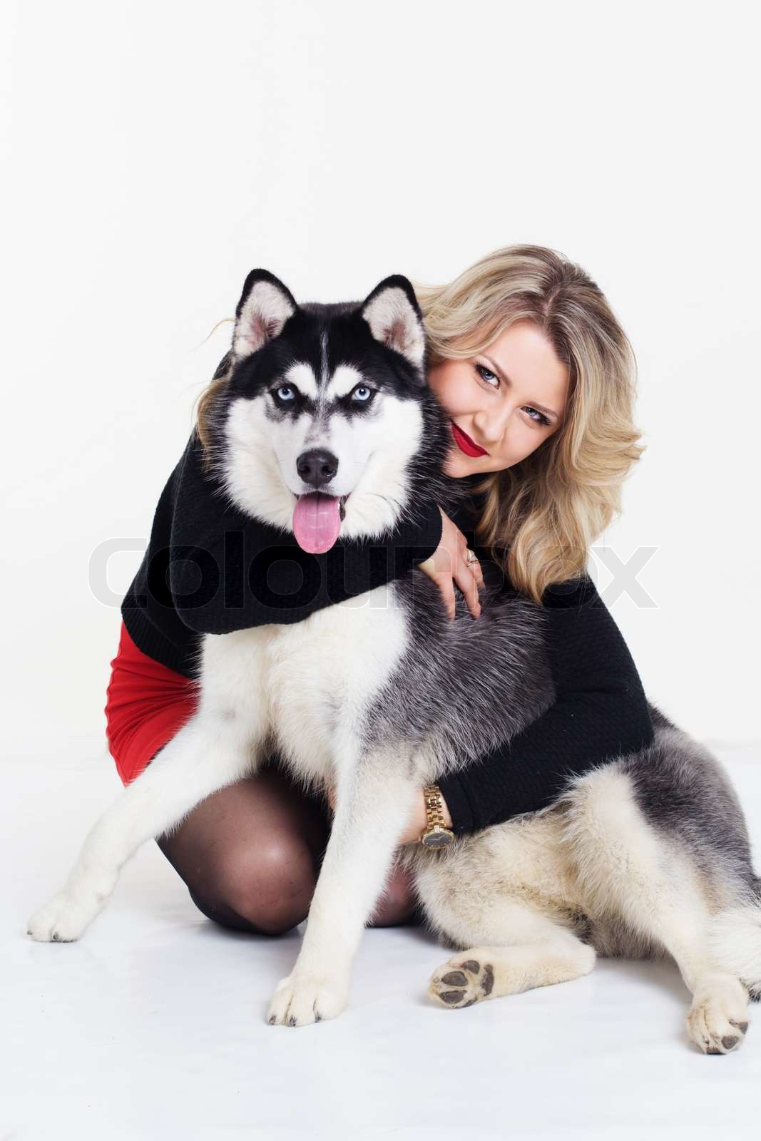 Young girl with her husky dog isolated on white | Stock image | Colourbox