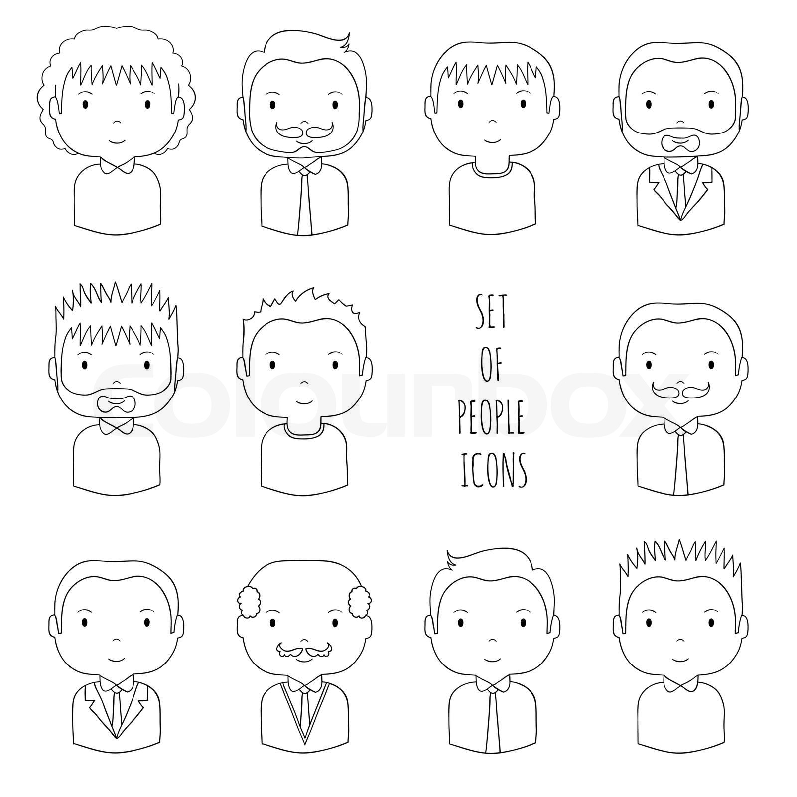 Set of line male faces icons. Funny cartoon hand drawn faces sketch ...