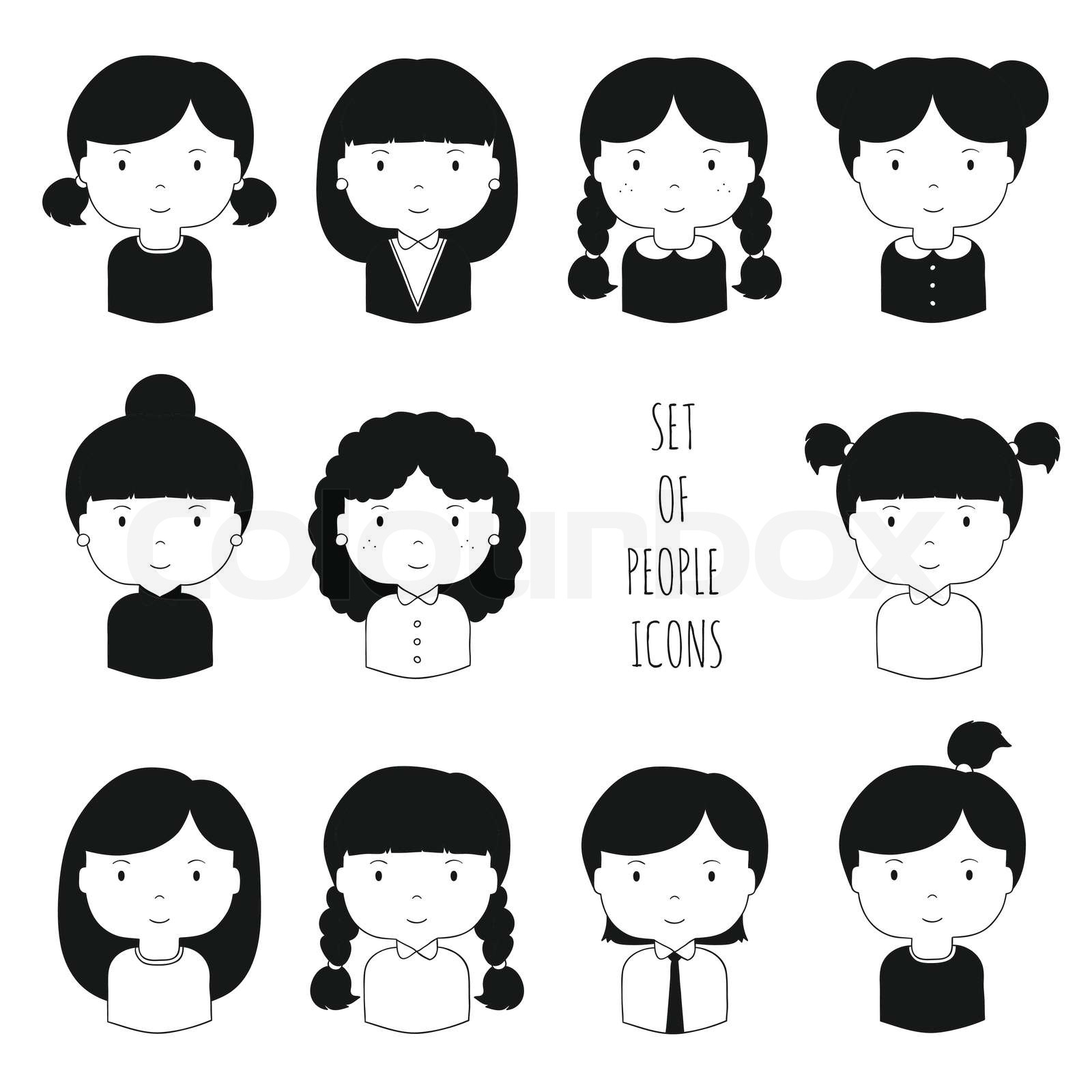 Set of monochrome female faces icons. Funny cartoon hand drawn faces ...