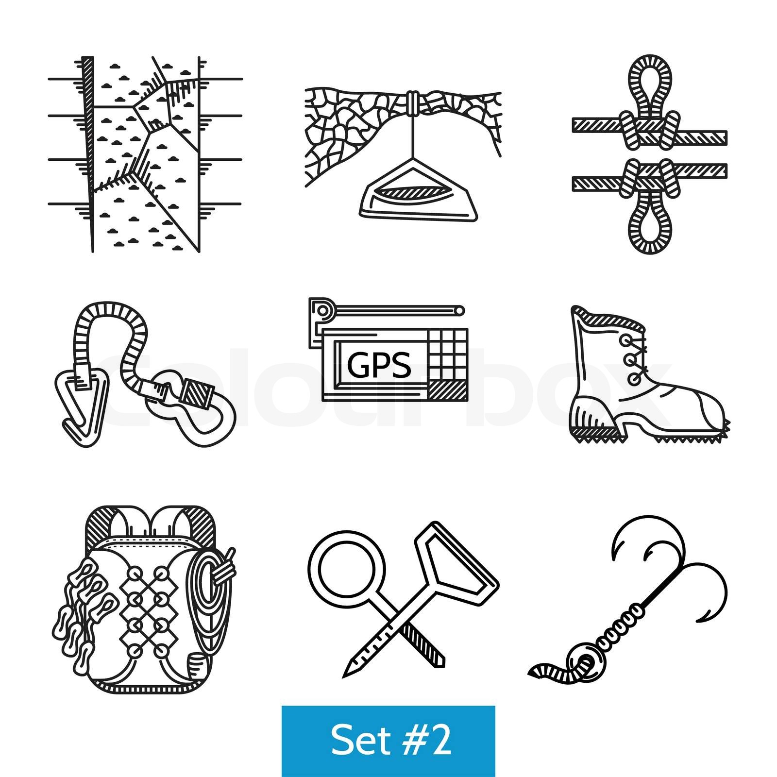 Black vector icons for rock climbing accessories | Stock vector | Colourbox